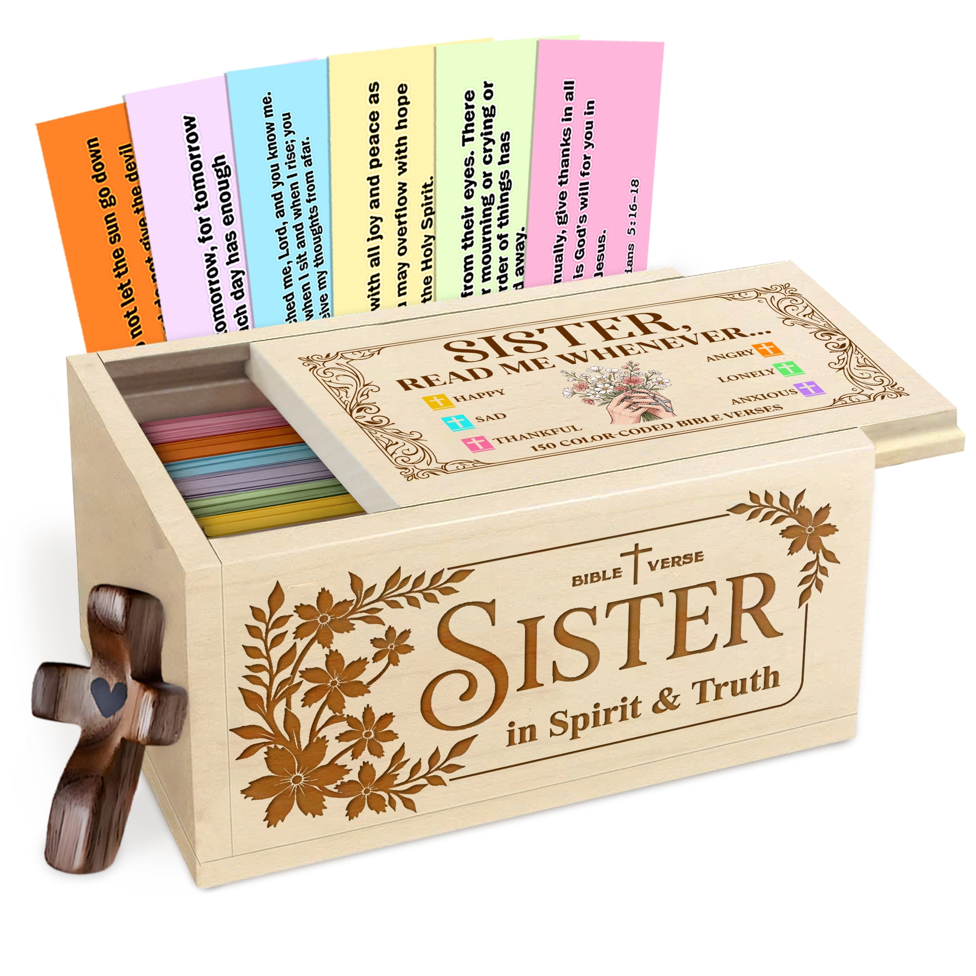Bible Verse Prayer Box for Sister, Wooden Maple Keepsake with 150 Color ...