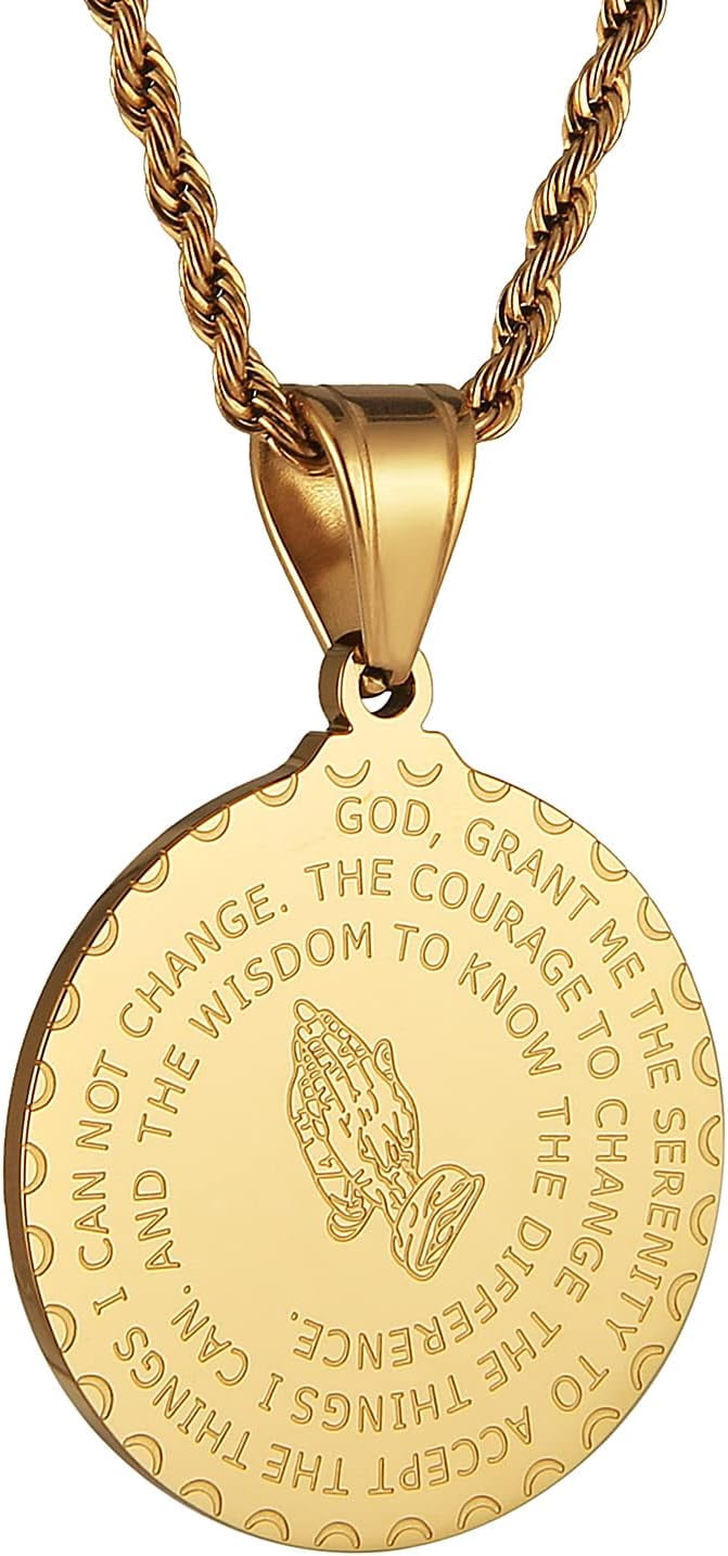 Bible Verse Prayer Necklace Christian Jewelry Gold Stainless Steel Praying Hands Coin Medal ...