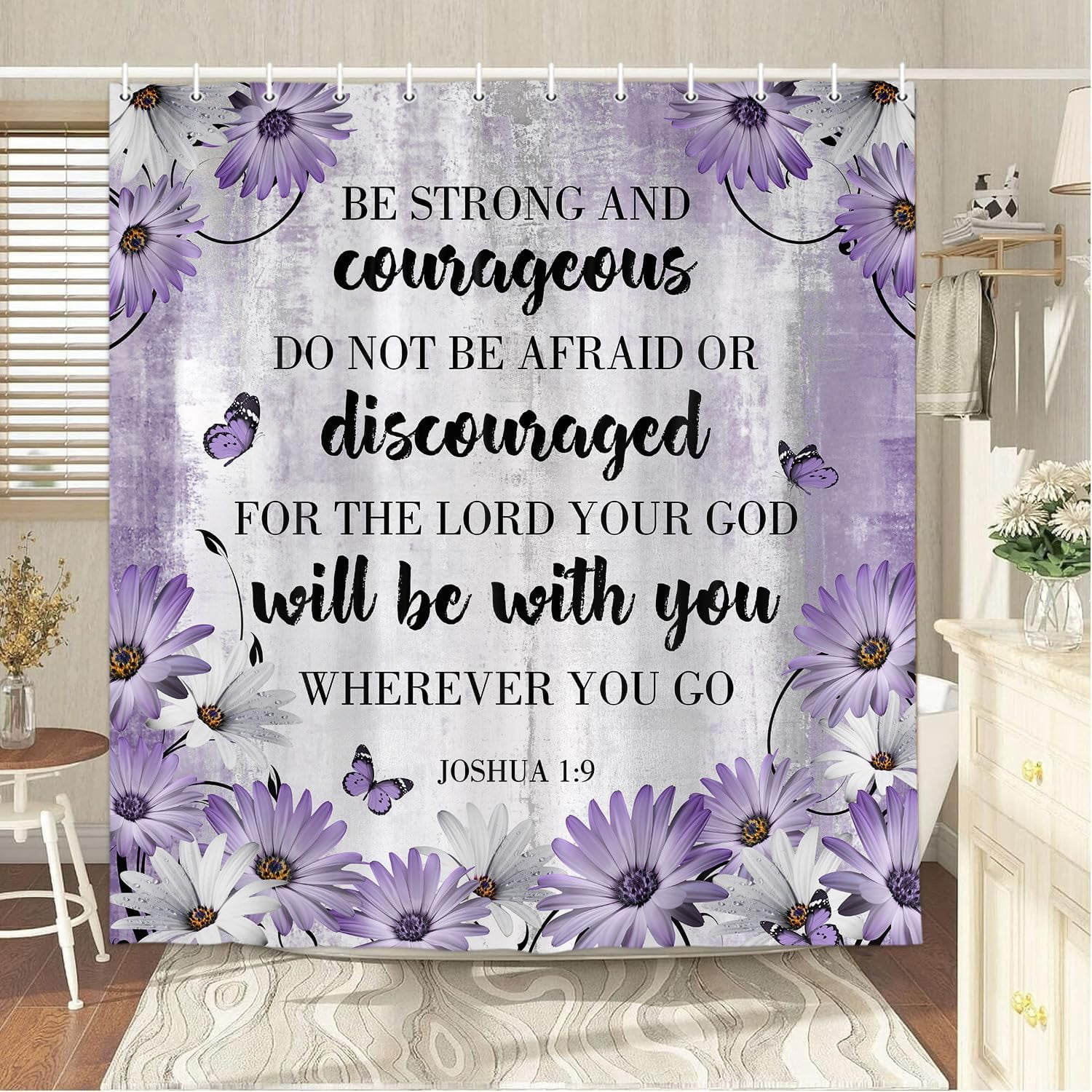 Bible Verse Purple Daisy Floral Shower Curtain Violet Lilac Grey Farm ...