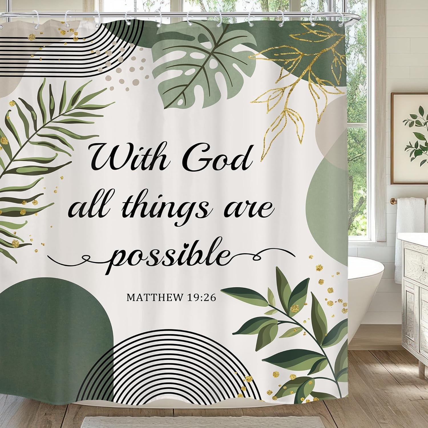 Bible Verse Scriptures Christian Shower Curtain Sage Green Boho Mid ...