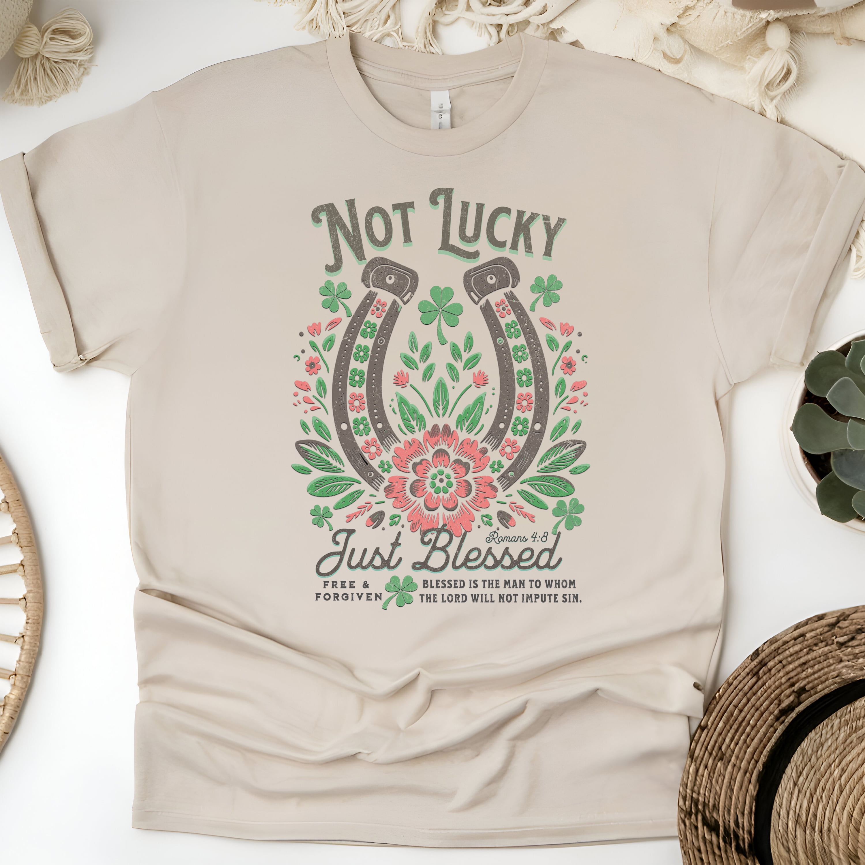 Bible Verse Shirt with Horseshoe and Flowers – Blessed Not Lucky Tee ...