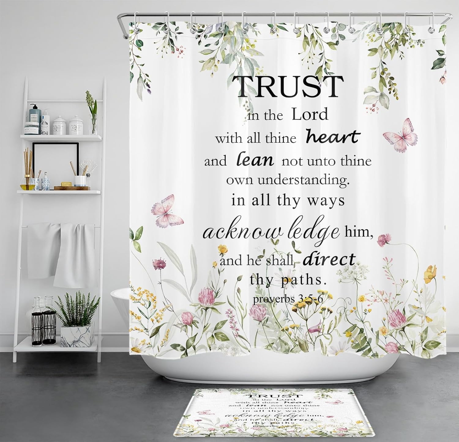 Bible Verse Shower Curtain Set Spring Wildflower with Green Leaf and ...