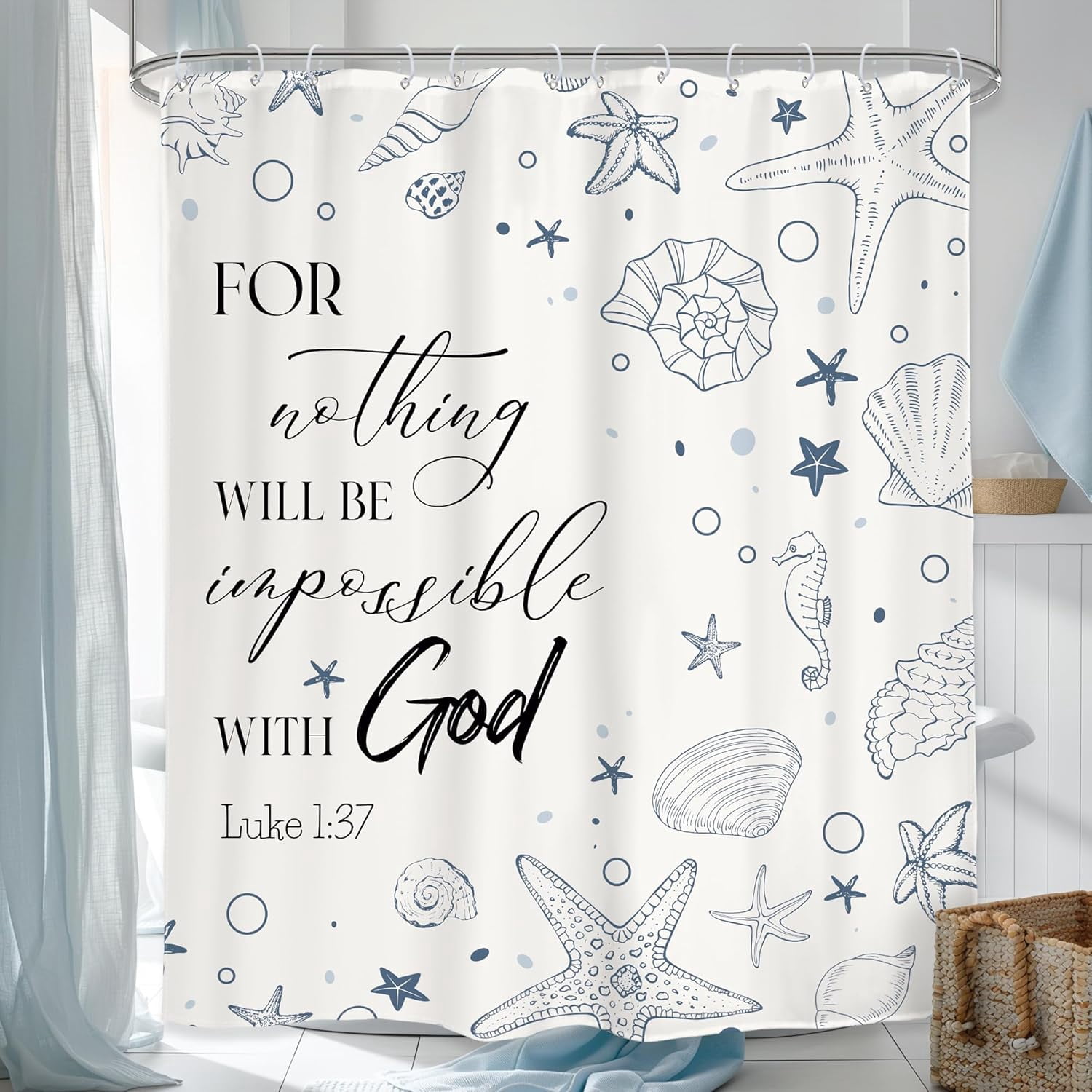 Bible Verse Shower Curtain Starfish Seashells Ocean Beach Coastal ...