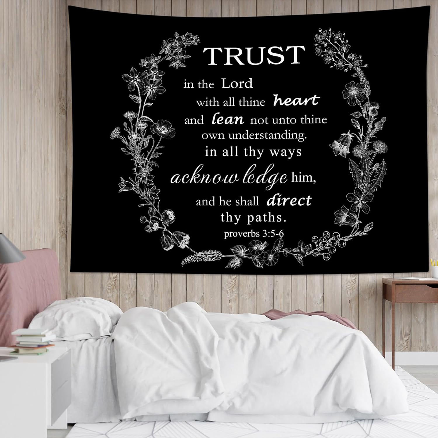 Bible Verse Tapestry Wildflower and White Christian Scripture on Black Wall Tapestry ...