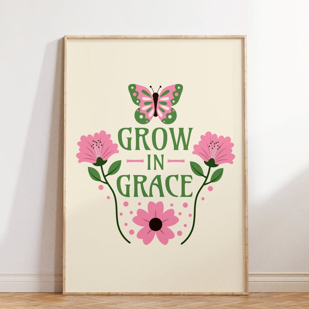 Bible Verse Wall Art, Grow In Grace, Flower Wall Art, Floral Christian ...
