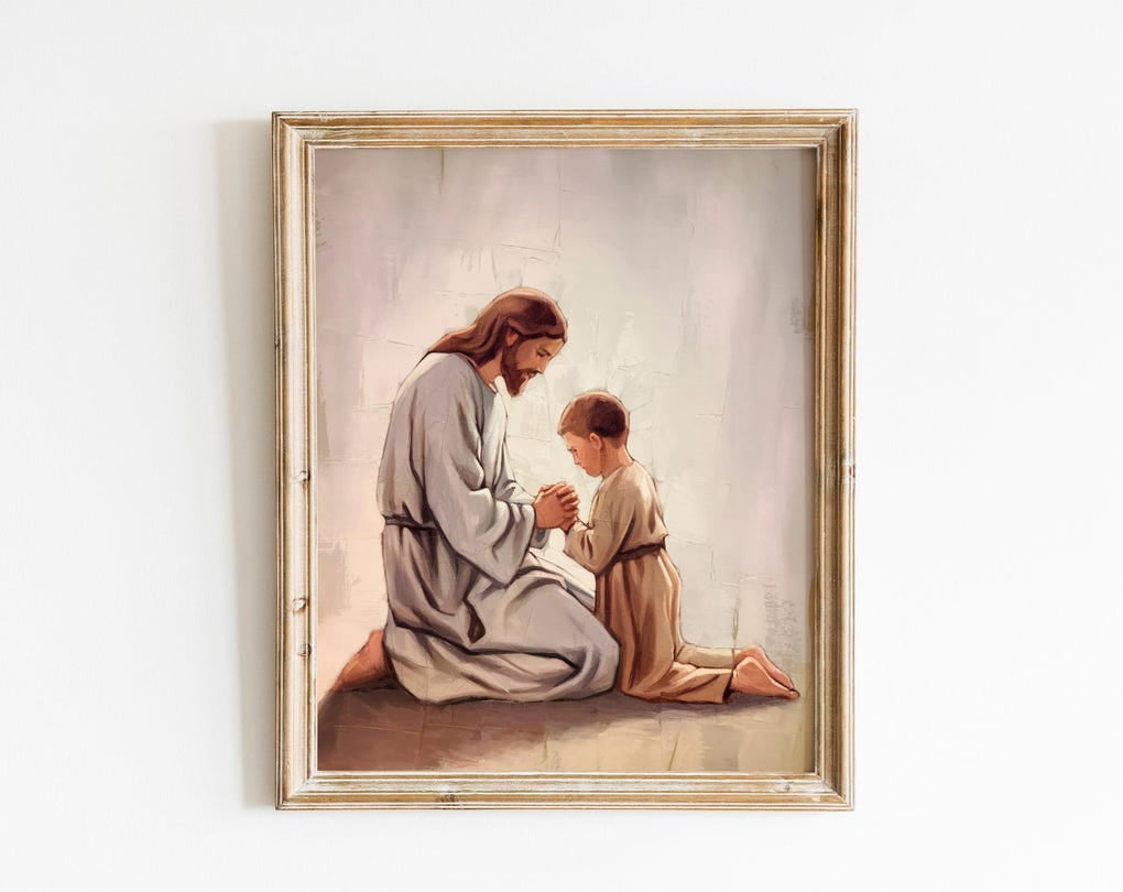 Bible Wall Art, Modern Christian Art, Jesus And Child Kneeling, Jesus ...