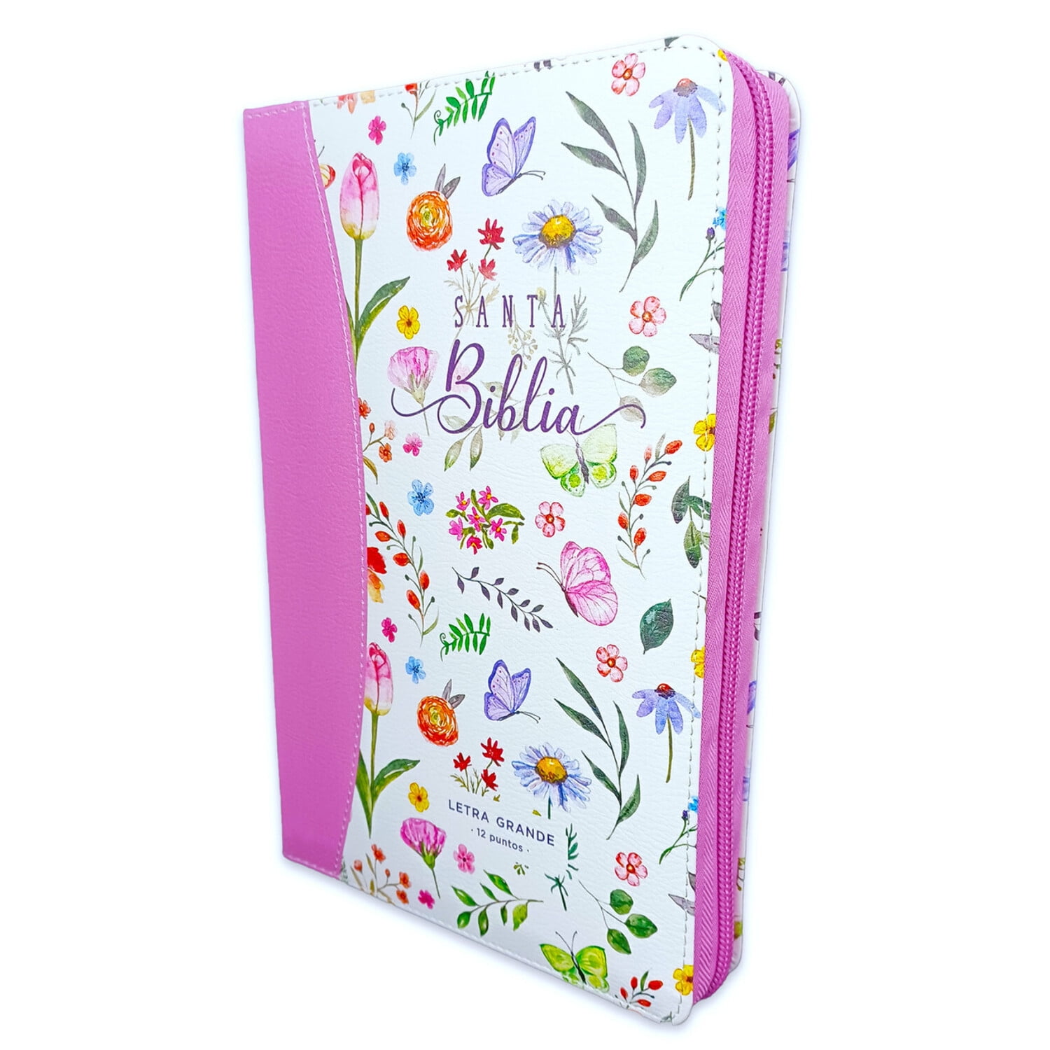 Biblia para Mujer con Cierre Letra Grande 12 puntos RV1960 rosa floral y mariposas con indice ...