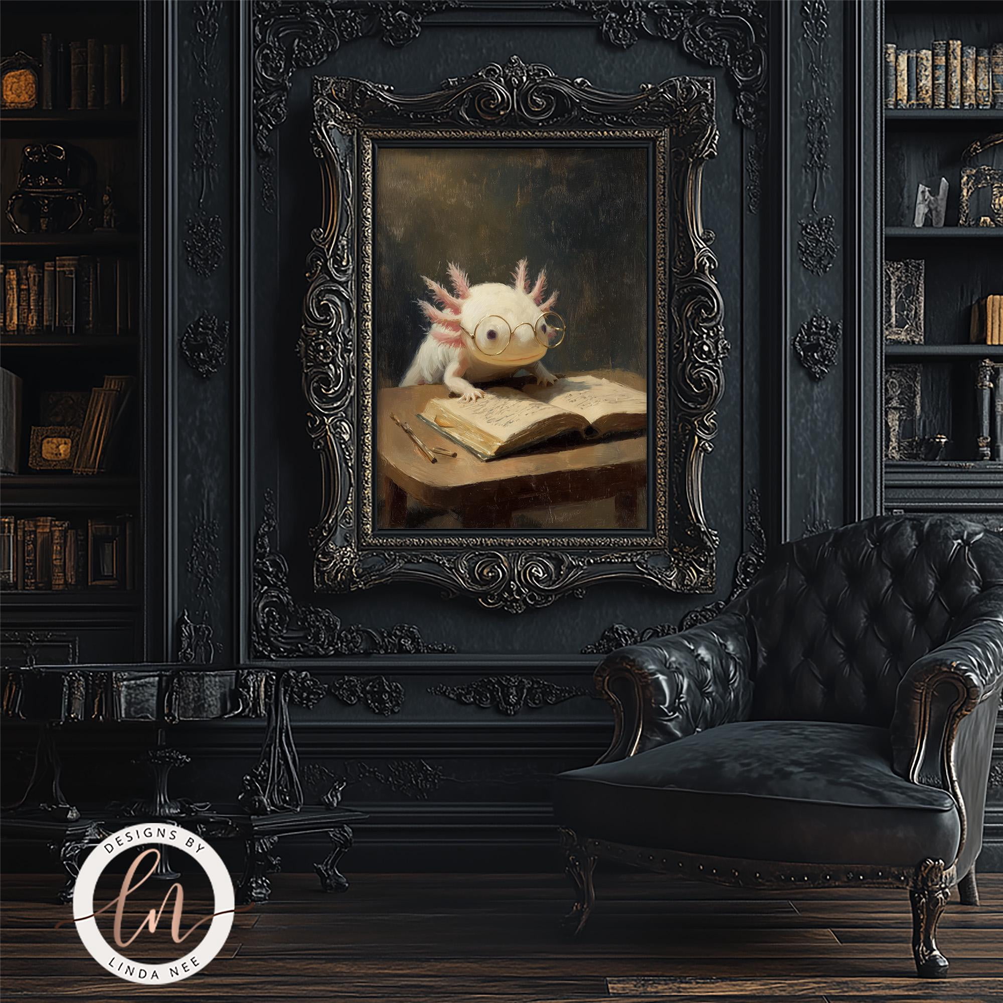 Bibliophile Axolotl Fine Art, Renaissance Amphibian Study, Whimsical ...