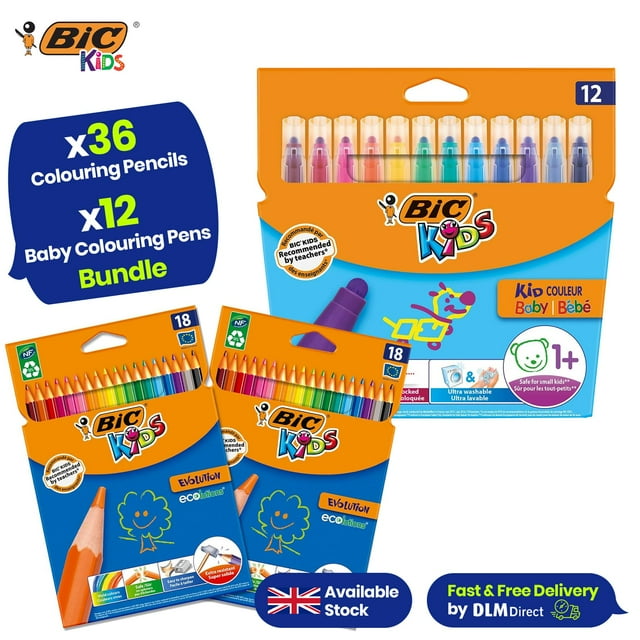 Bic Ecolution Kids Evolution Coloured Pencils Metal Box of 18 x 2 & BIC Kids Kid Couleur Baby ...