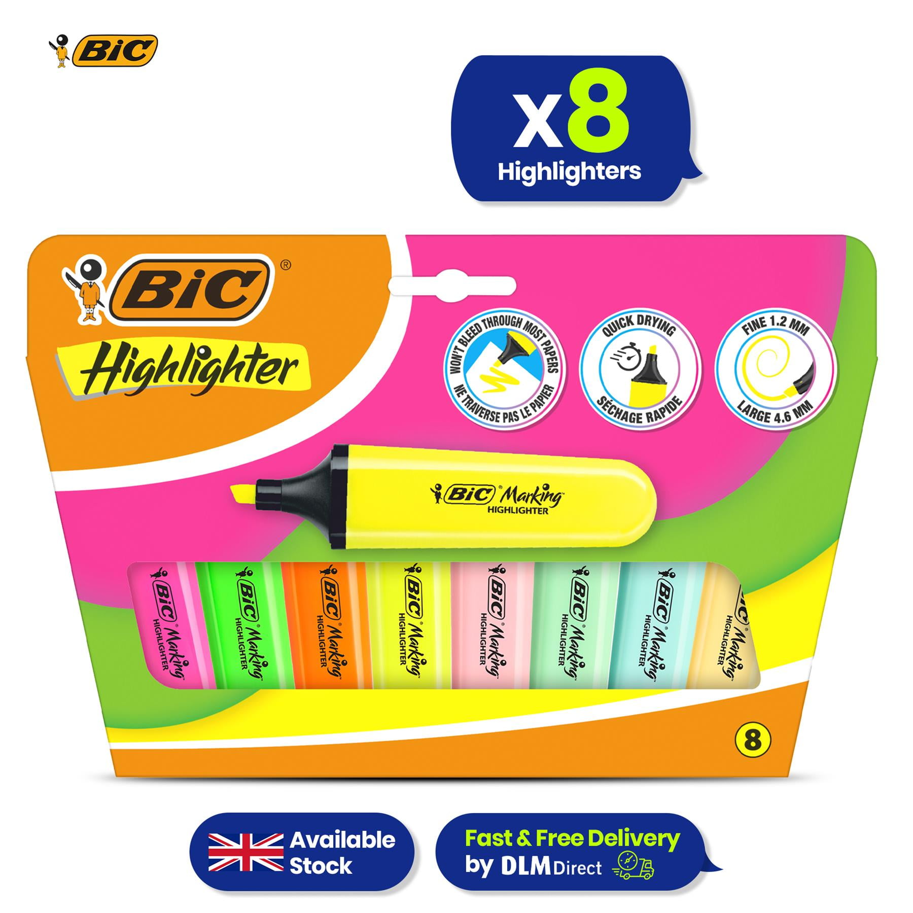 Bic Highlighter Flat - Assorted Pastel & Neon - Blister pack of 8 ...