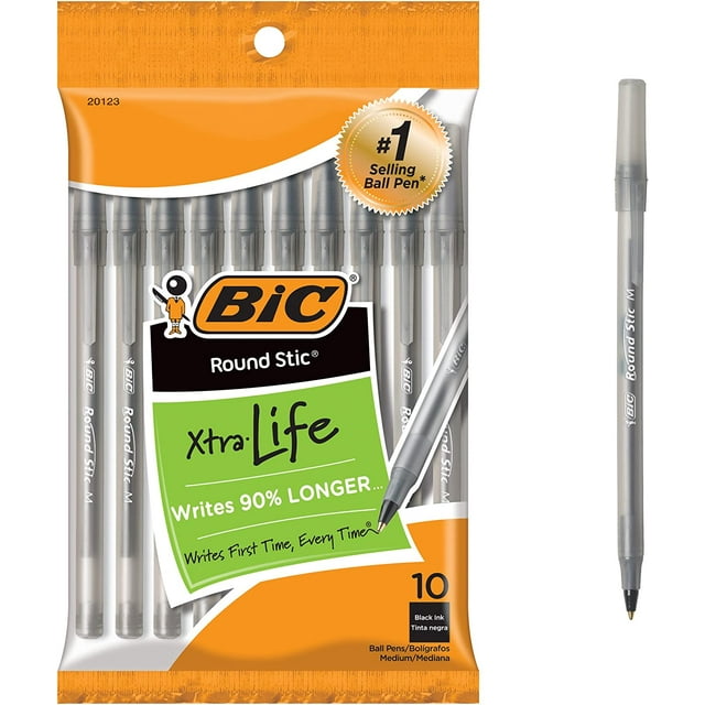 Bic Round Stic Classic Ballpoint Pen Medium Point, Black- 10 Ea.. - Walmart.com