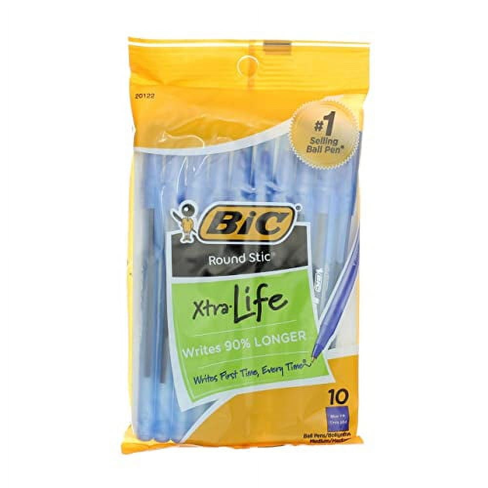 Bic Round Stic Xtra Life Medium Ballpoint Pen, Blue Ink 10 ea - Walmart.com