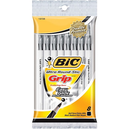 Bic Ultra Round Stic Grip Ball Pens Medium Point 8 Count Black ...