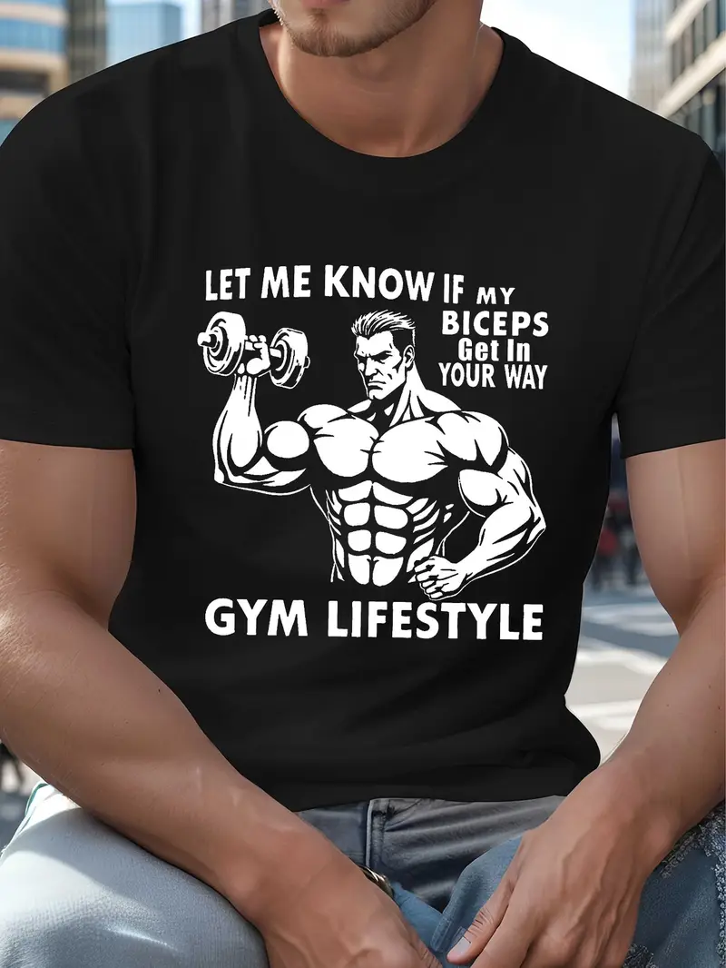 Biceps Gym Men's Crinkle T-Shirt - Black Casual Short Sleeve Graphic ...