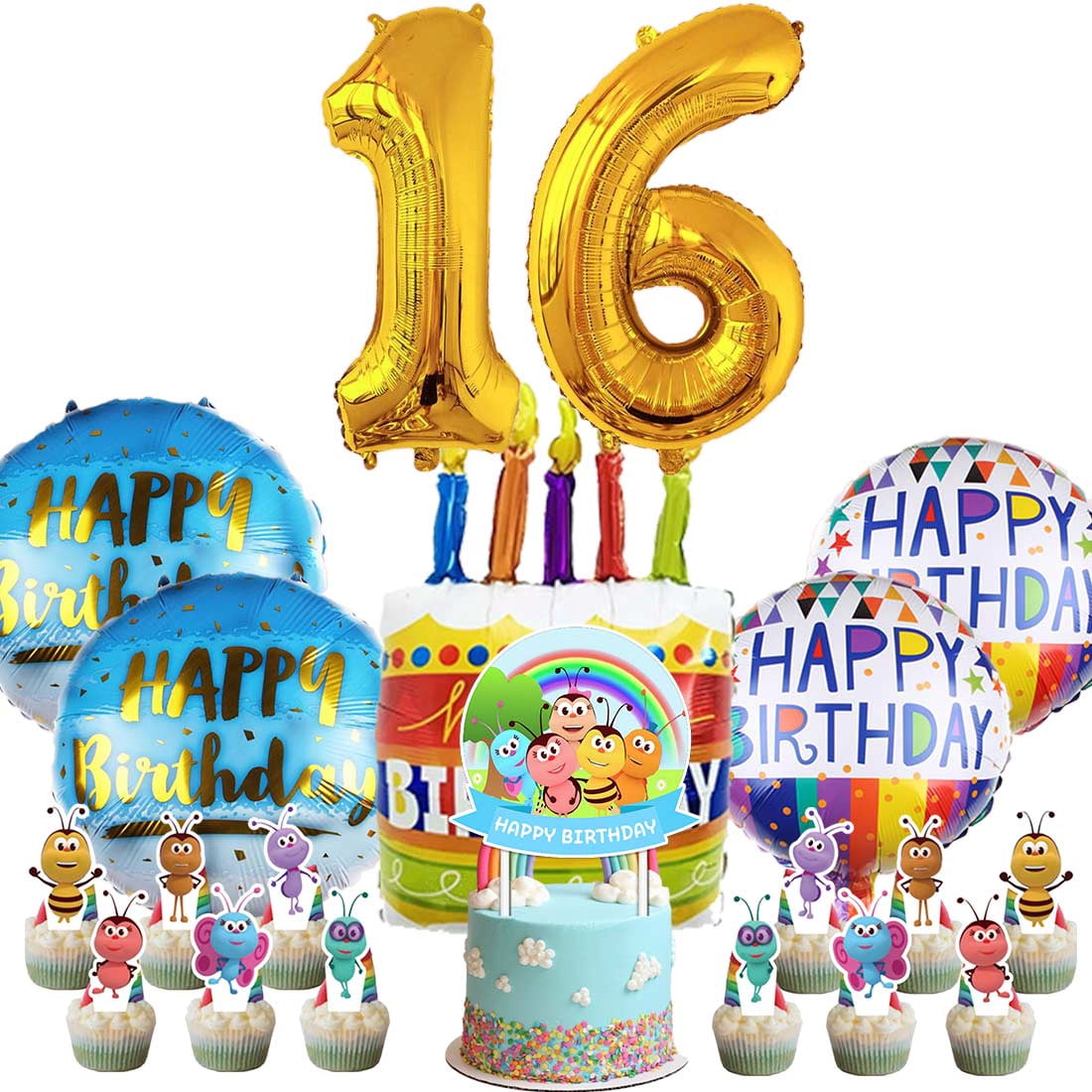 Bichikids Party Supplies 16th Decor Kit Balloons Birthday Cake Topper ...