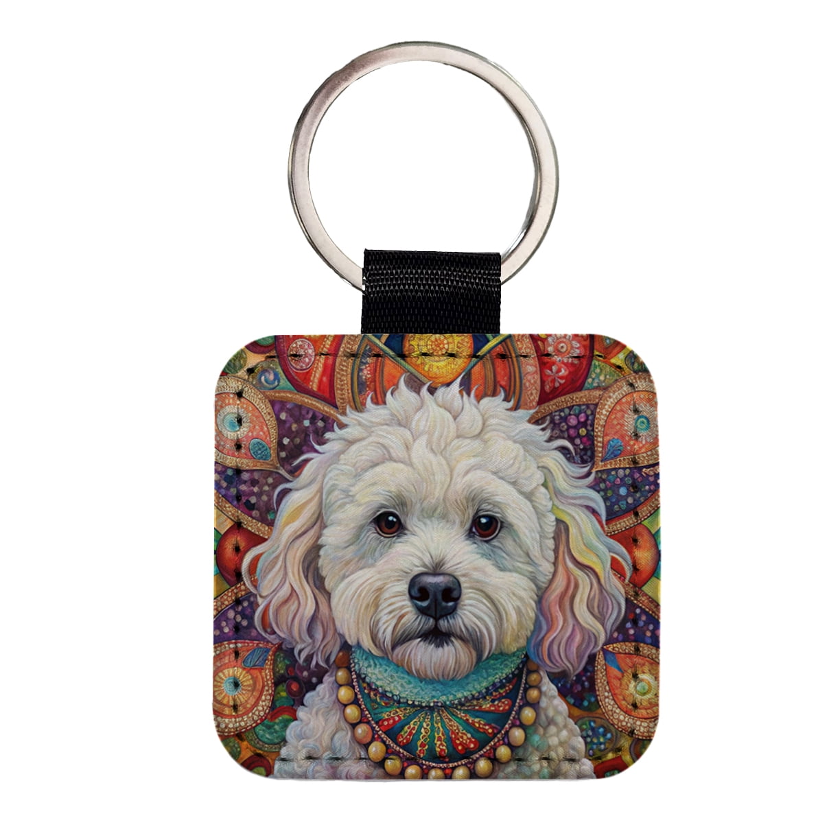 Bichon Frise Dog Bohemian Art Faux Leather Square Keychain - Walmart.com