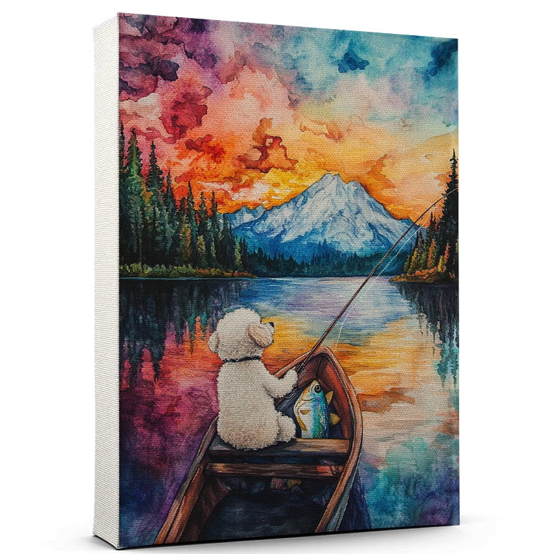 Bichon Frise Dog Canvas – Fishing Canvas Print of Funny Bichon Frise ...