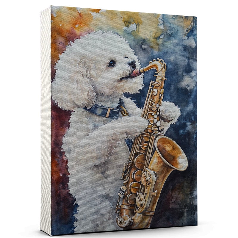 Bichon Frise Dog Stretched Canvas Size 8x12 – Saxophone Theme Dog Art ...