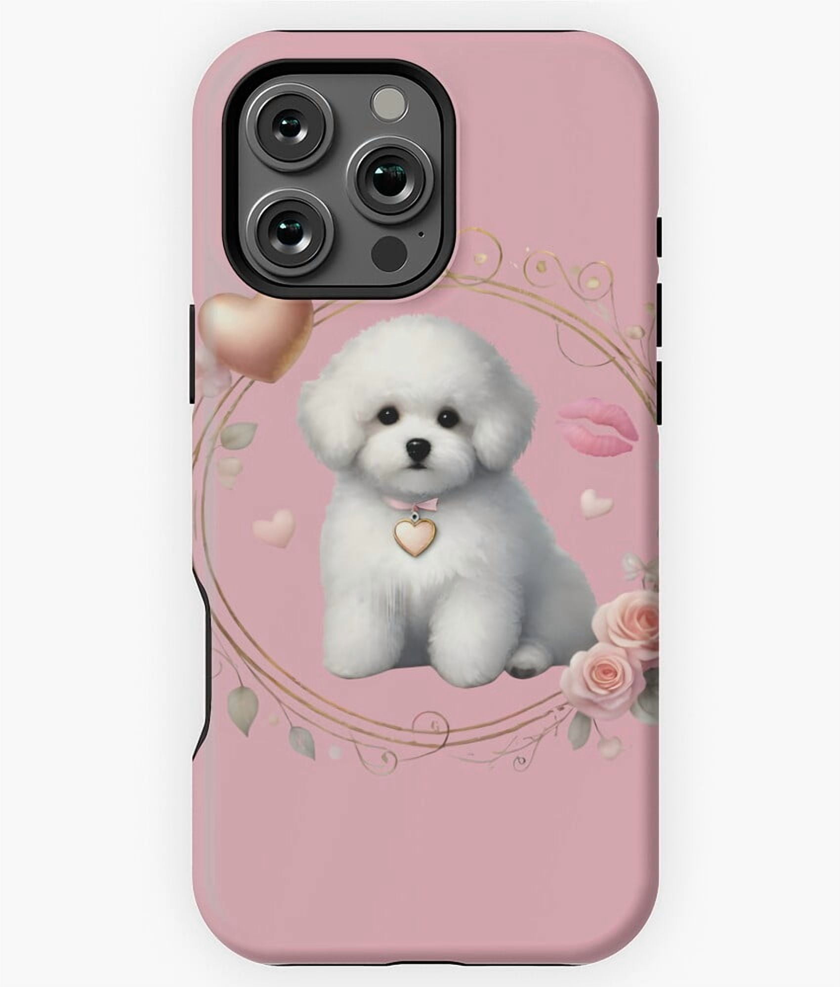 Bichon Frise Puppy Roses Golden Heart Phone Case for iPhone 16 15 14 13 ...