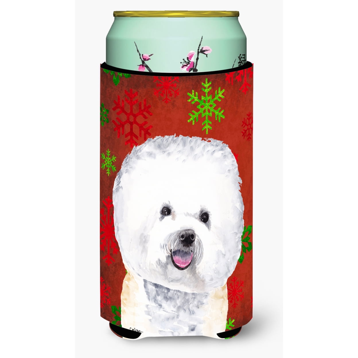 Bichon Frise Red and Green Snowflakes Holiday Christmas Tall Boy Hugger ...