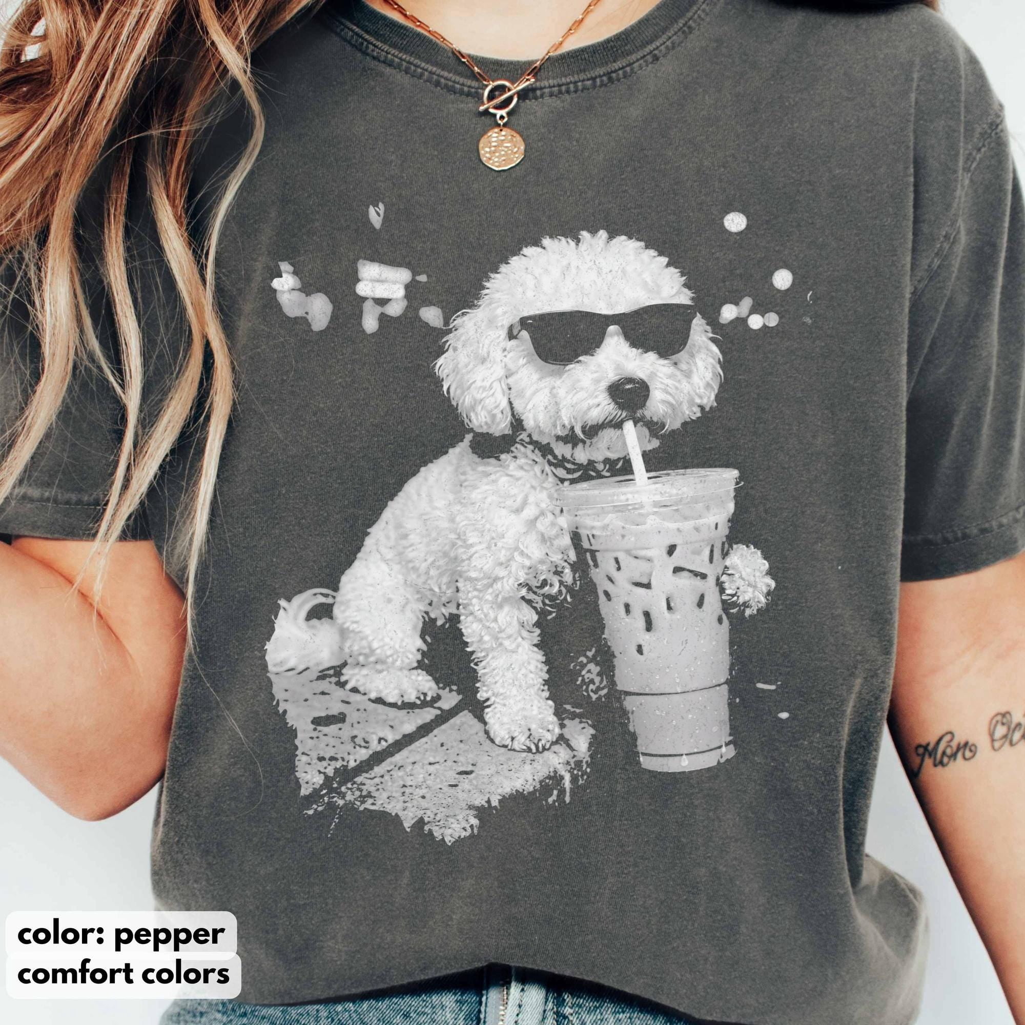 Bichon Frise Shirt, Funny Dog Drinking Iced Coffee T-shirt, Vintage Dog ...