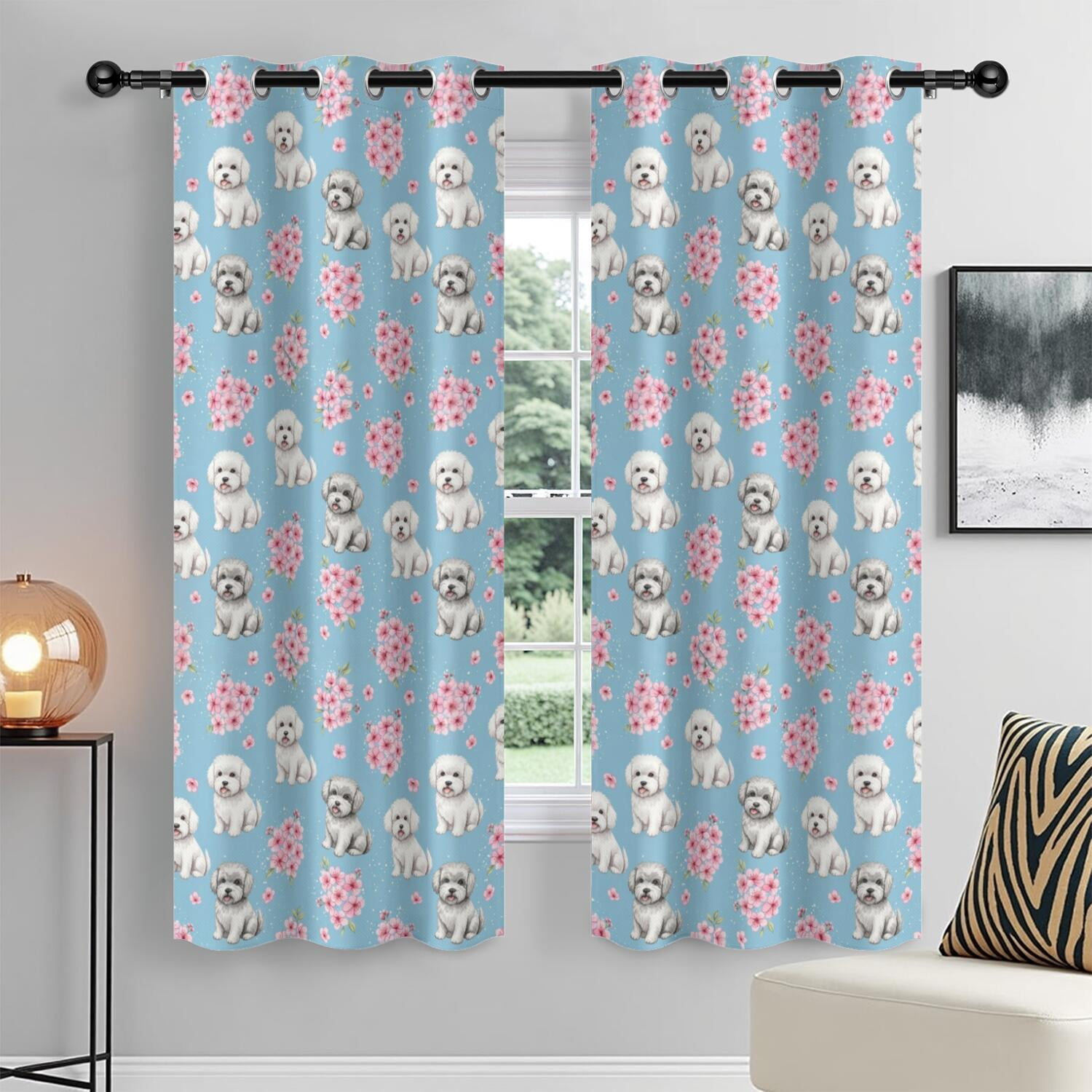 Bichon Frise and Cherry Blossom Blackout Curtains,Triple Weaved Fabric ...