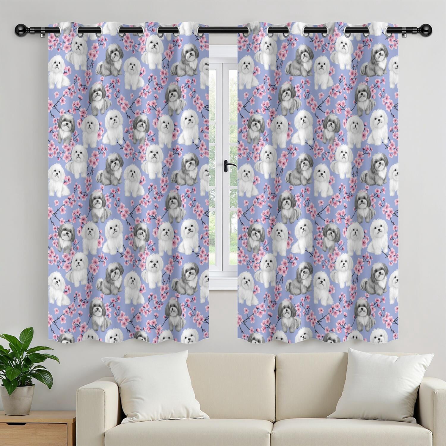 Bichon Frise and Cherry Blossom Blackout Curtains,Triple Weaved Fabric ...