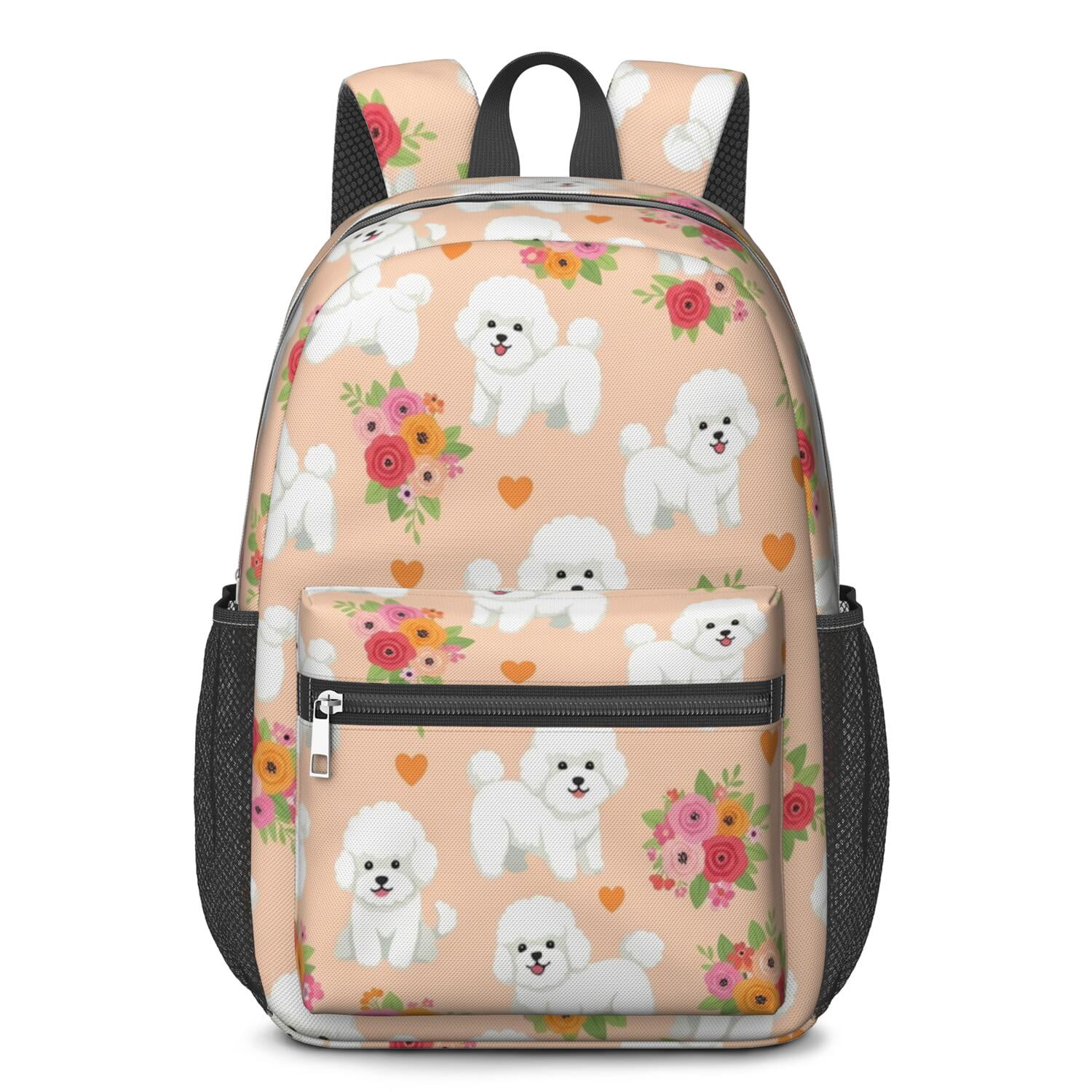 Bichon Frise and Floral Pink 17" School Backpacks for Teens,Waterproof ...