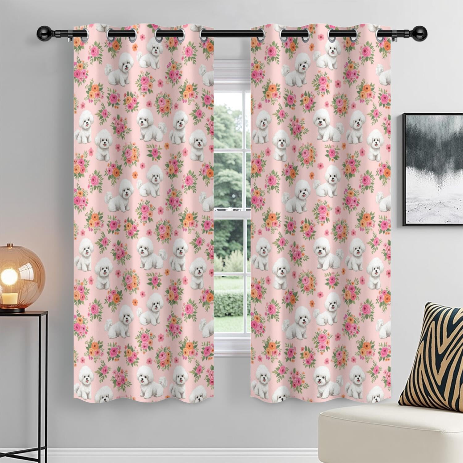 Bichon Frise and Floral Pink Pattern Blackout Curtains,Triple Weaved ...