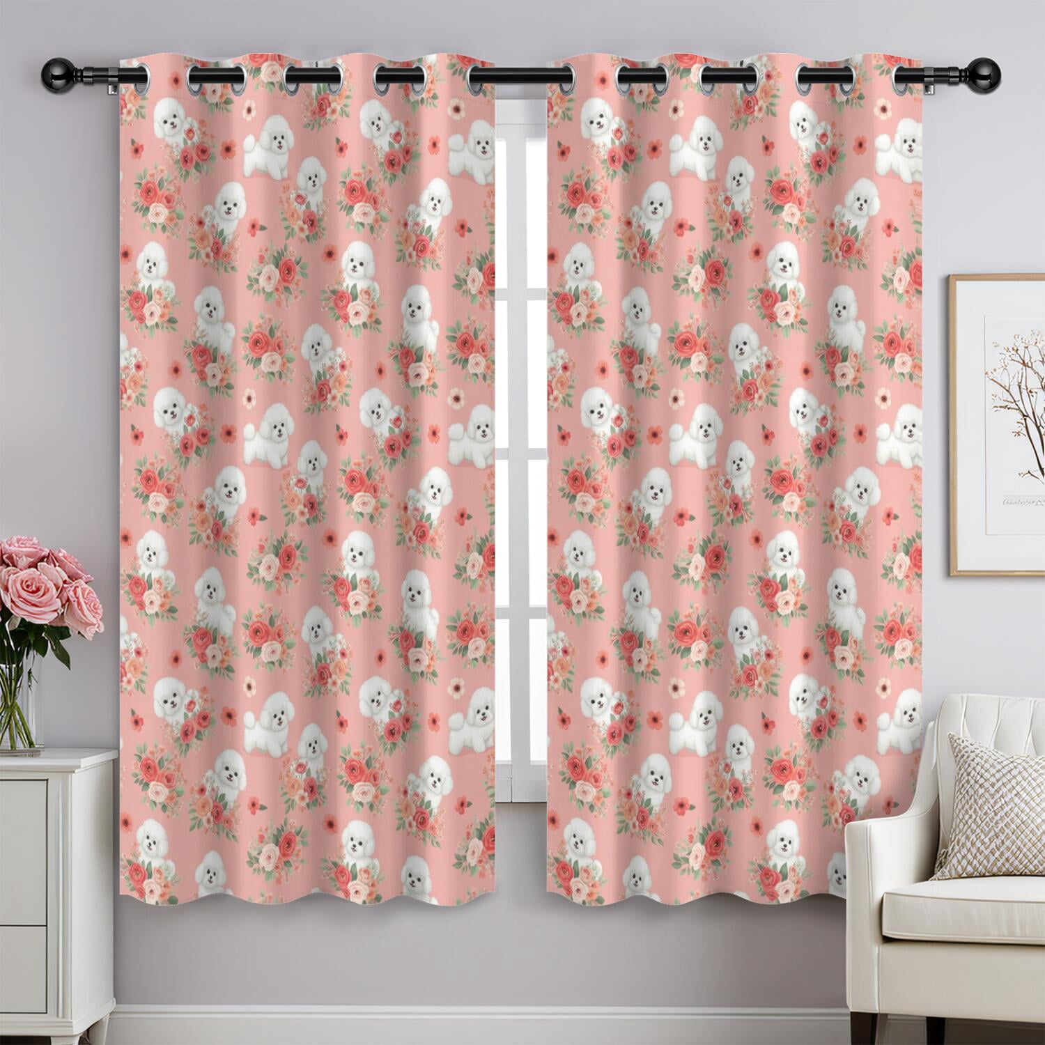 Bichon Frise and Floral Pink Pattern Blackout Curtains,Triple Weaved ...