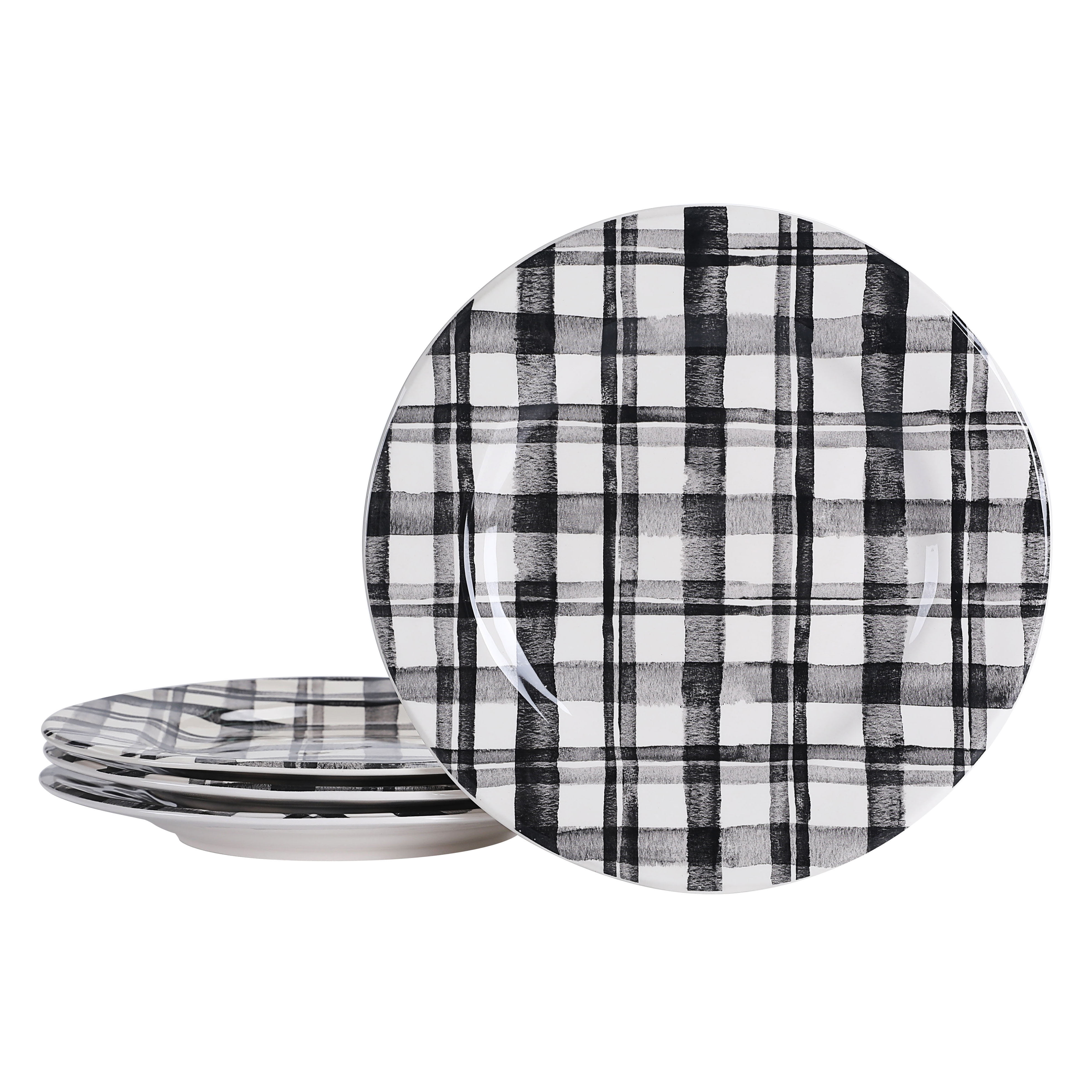 Bico Black and White Plaid Dinner Plates, Ceramic, Set of 4, for Pasta ...