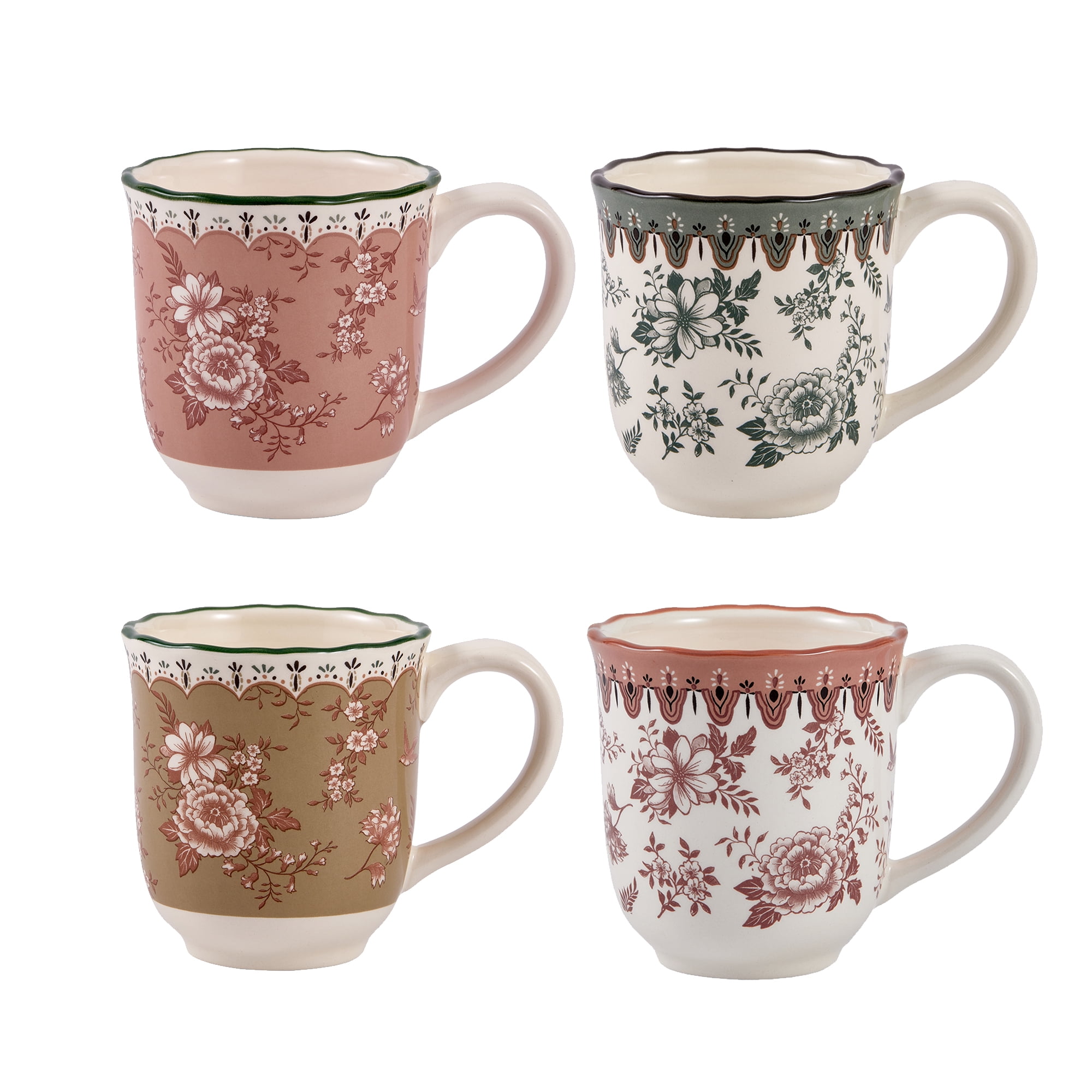 Bico Country Wanderlust Scalloped Ceramic Mugs, Set of 4, for Coffee ...
