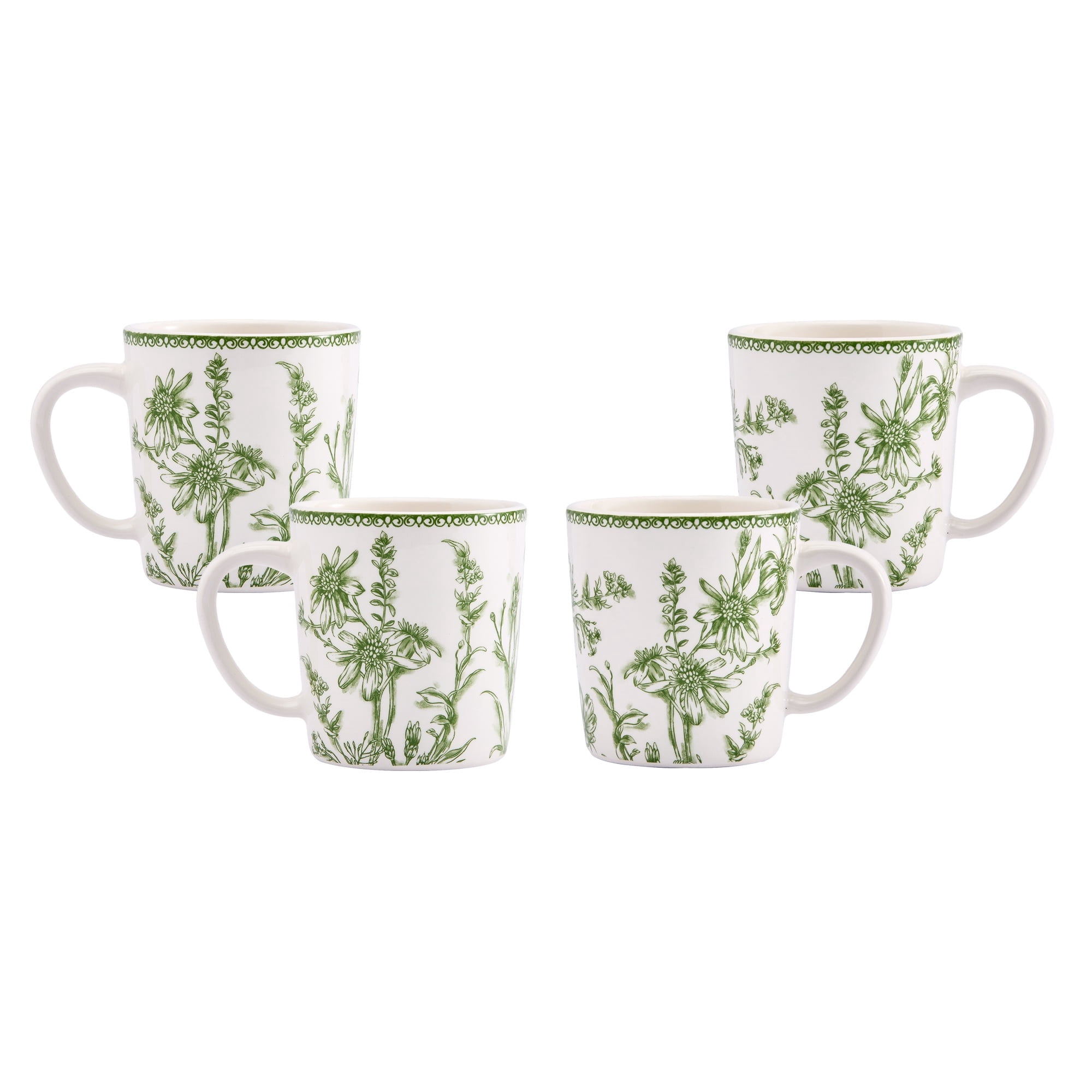 Bico Green Garden Toile De Jouy Ceramic Coffee Mugs Set of 4, 18 oz ...