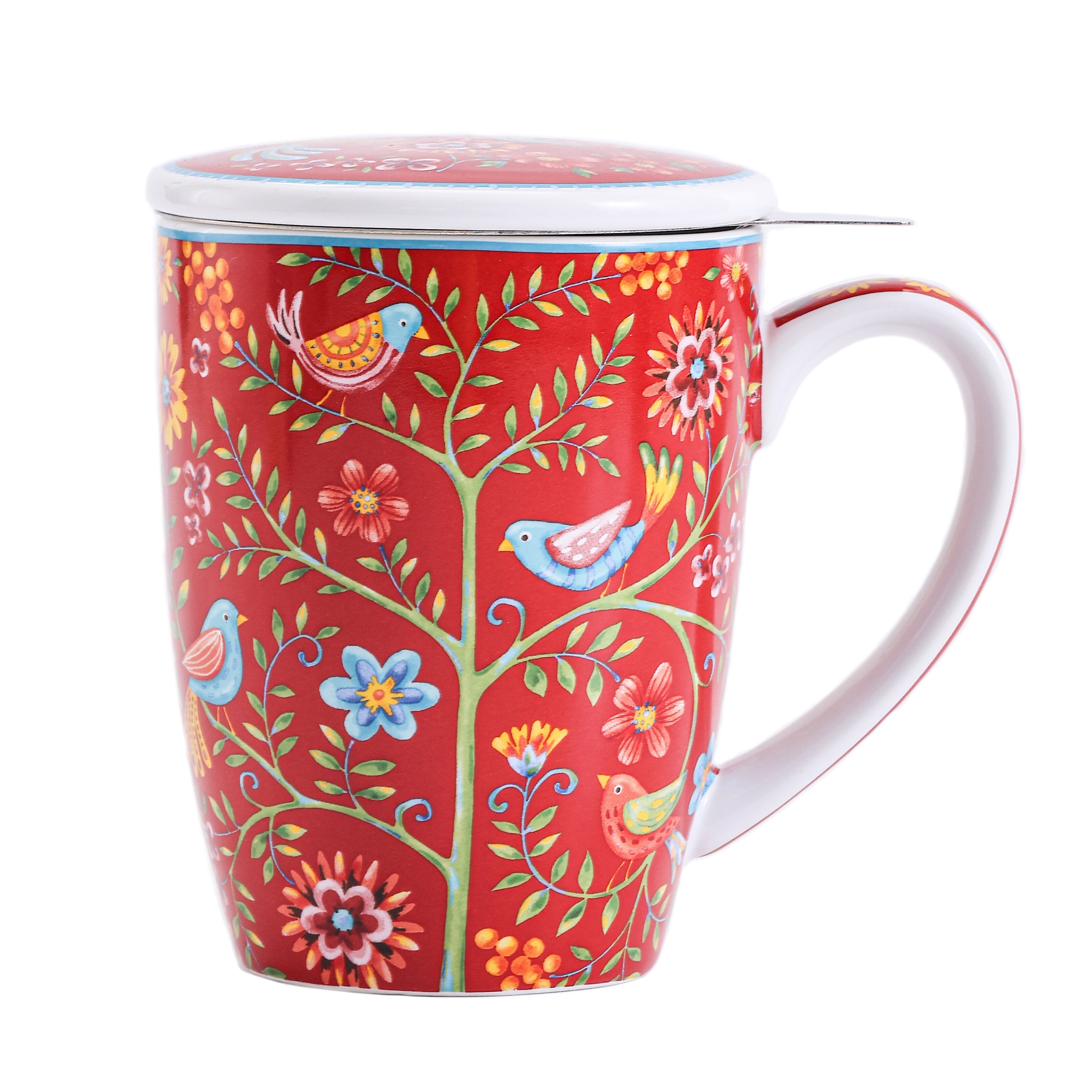 Bico Red Spring Bird 12oz Porcelain Tea Mug with Infuser and Lid ...