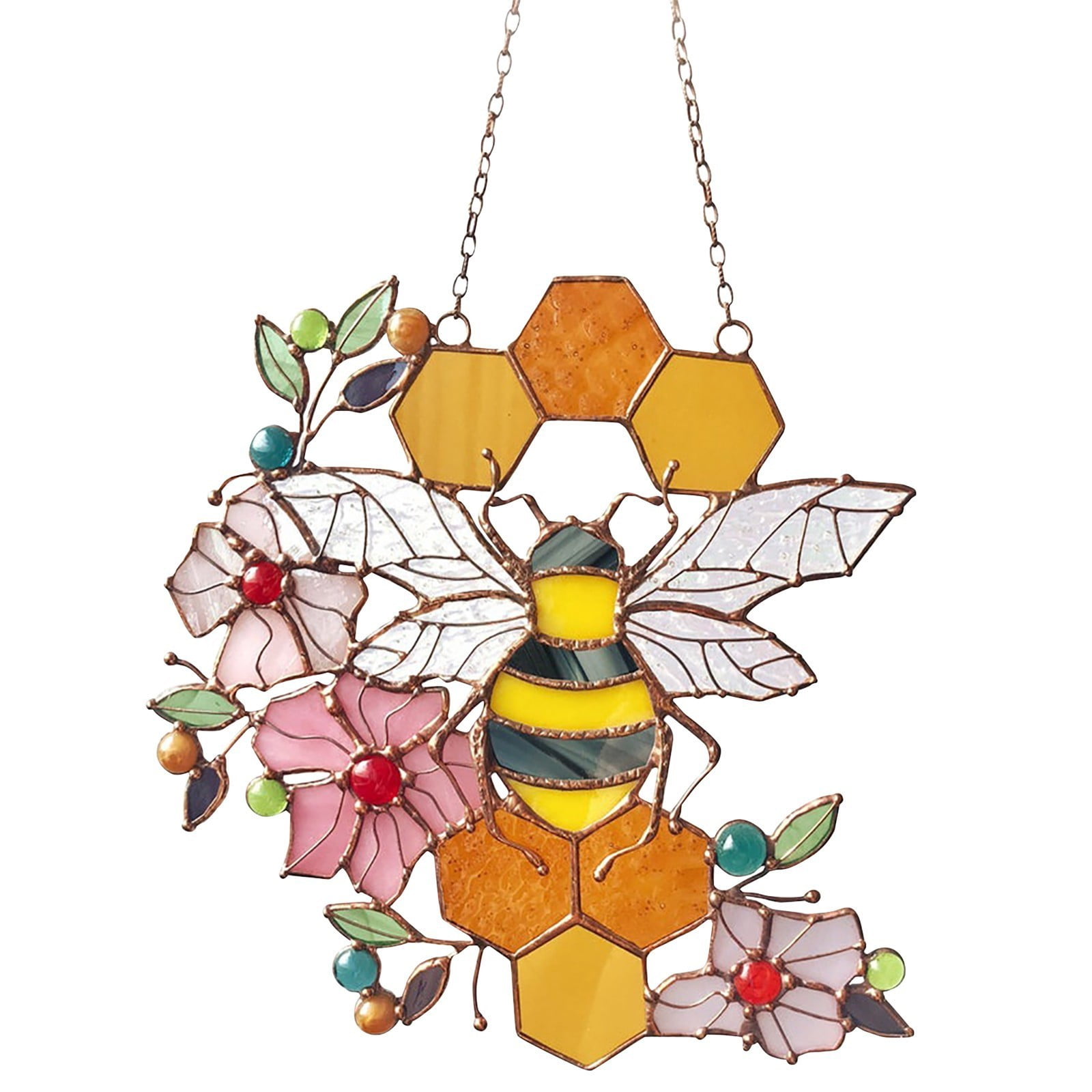 Bicoasu Handcrafted Stained Glass Bumble Bee Suncatcher with Flower and ...
