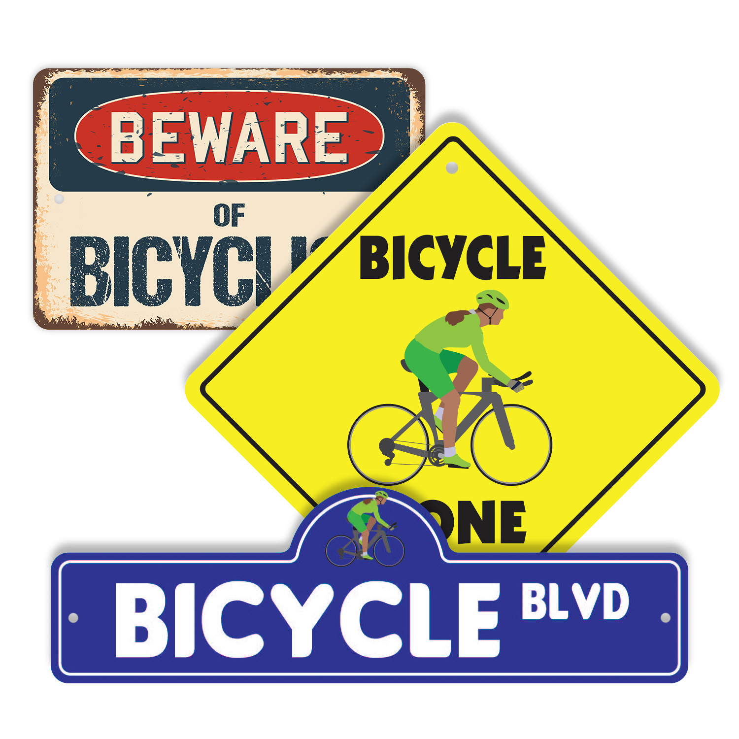 Bicycle (3 Pack) Plastic Street Sign Crossing Sign Warning Sign Vintage Rustic Beware Warning ...