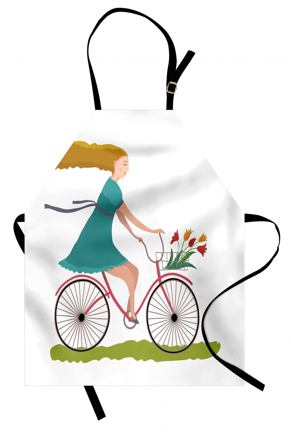 Bicycle Apron Young Woman on Bike with Basket of Tulip Flowers Riding ...