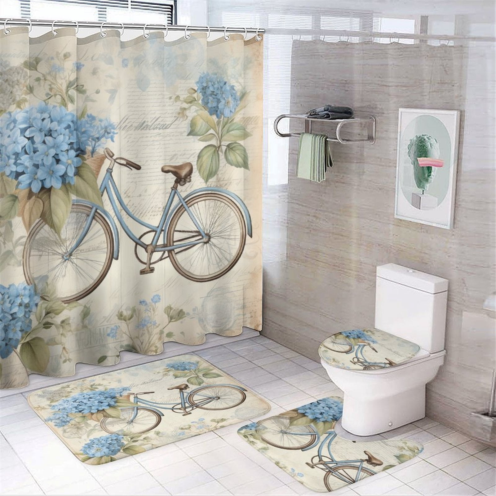 Bicycle with Blue Flowers 4 Piece Bathroom Rug Set with Shower Curtain ...