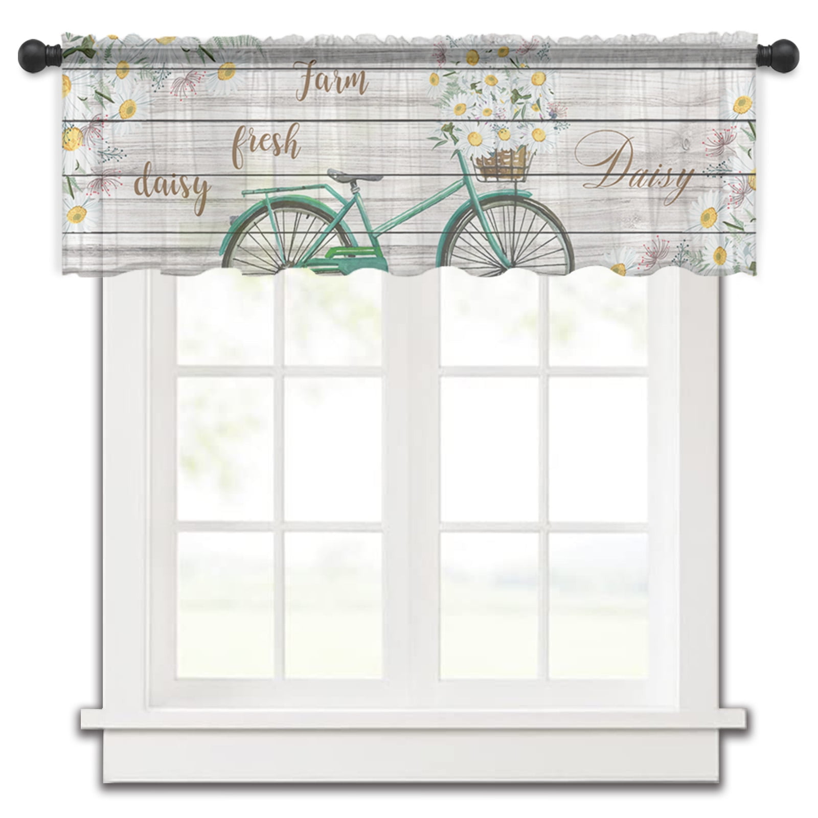 Bicycle Daisy Wood Grain Kitchen Small Window Curtain Tulle Sheer Short ...