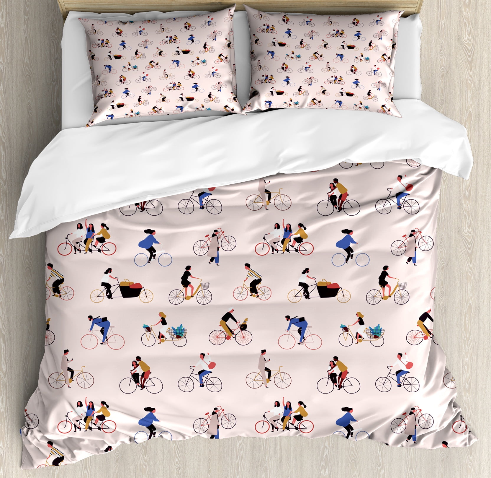 Bicycle Duvet Cover Set, Men and Women People Riding Bikes Repetition ...