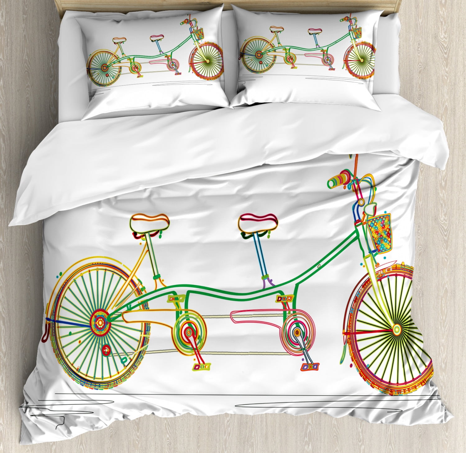 Bicycle Duvet Cover Set Queen Size, Colorful Tandem Bicycle Design on ...