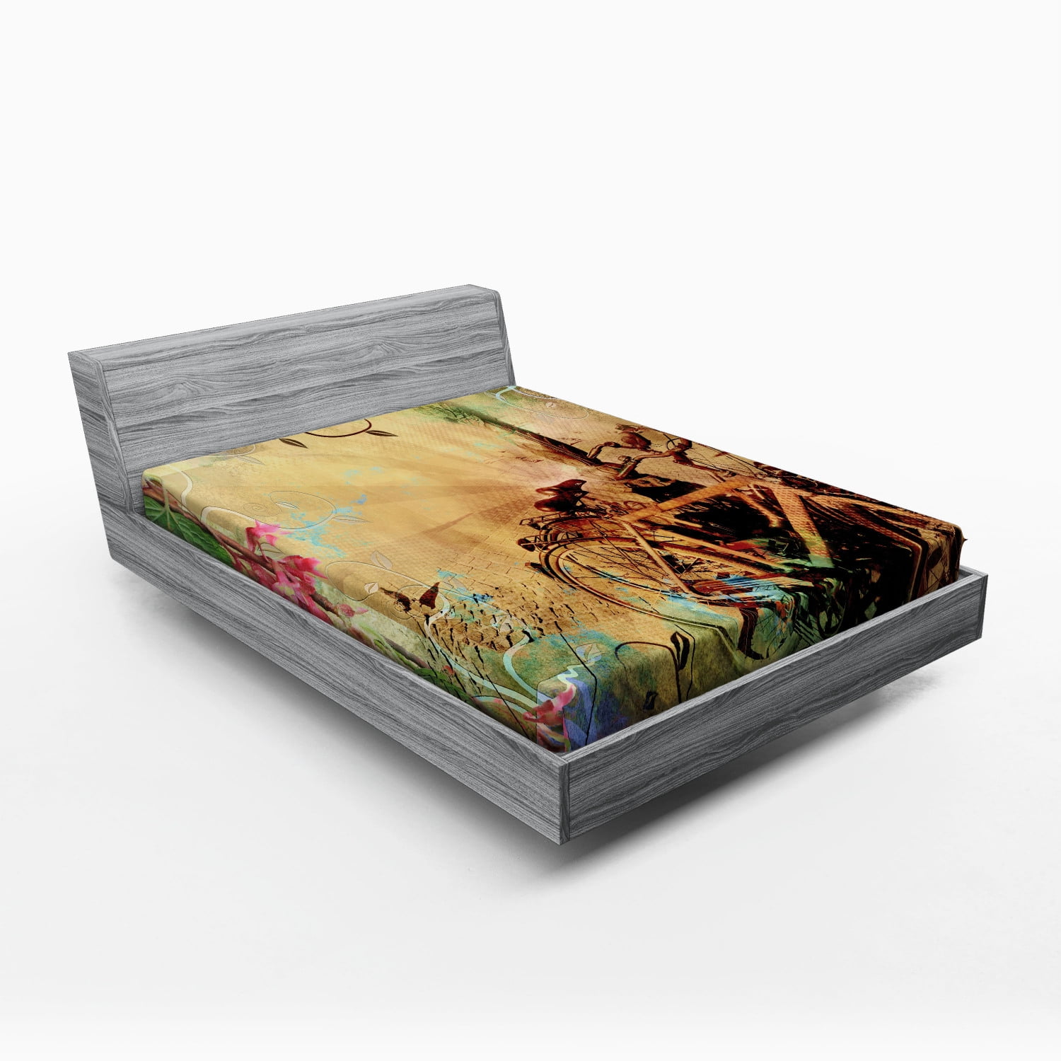 Ambesonne Urban Fitted Sheet, Bikes in Street Floral, Full Size ...