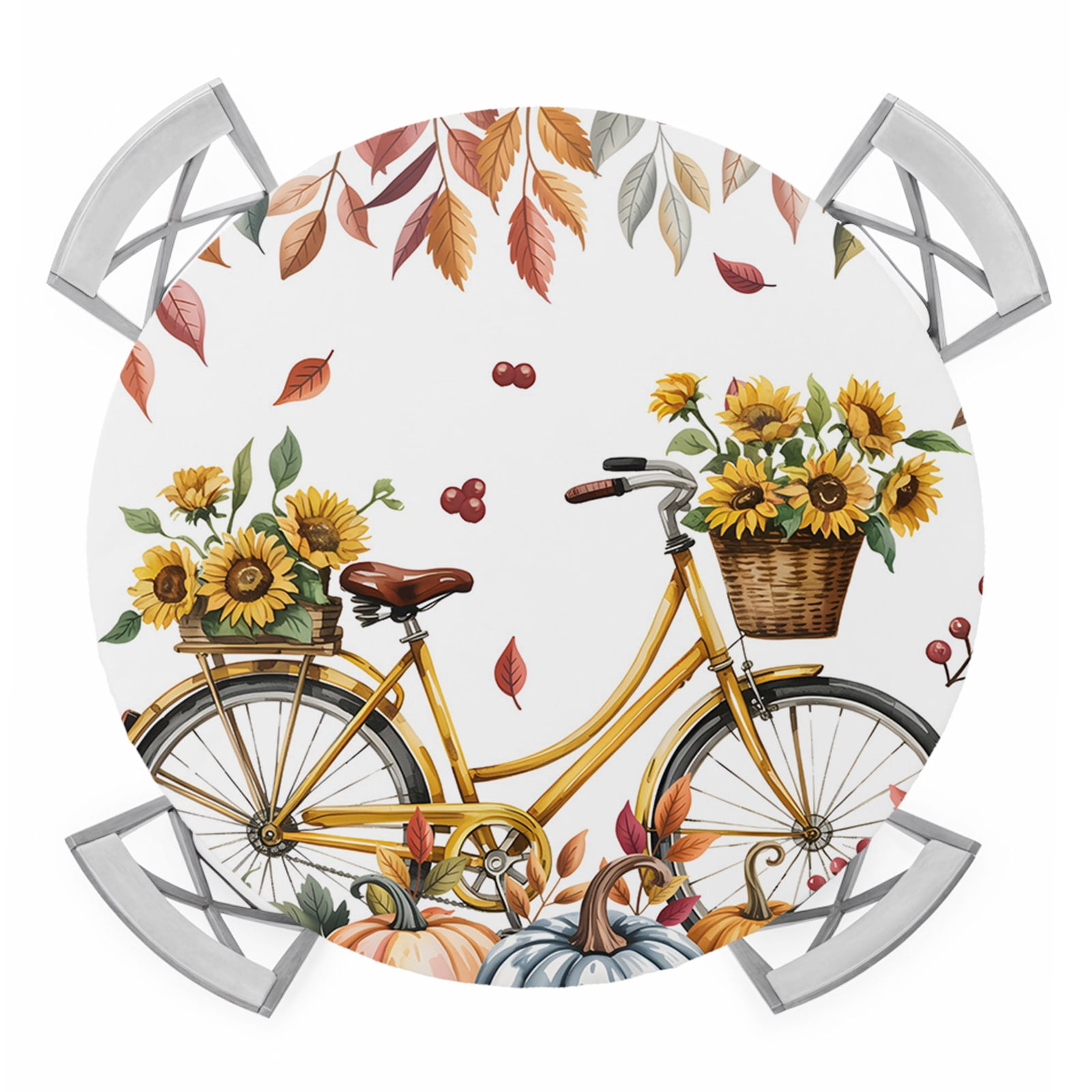 Bicycle Floral Fall Round Tablecloth for 36-44 Inch Tables,Fitted Table ...