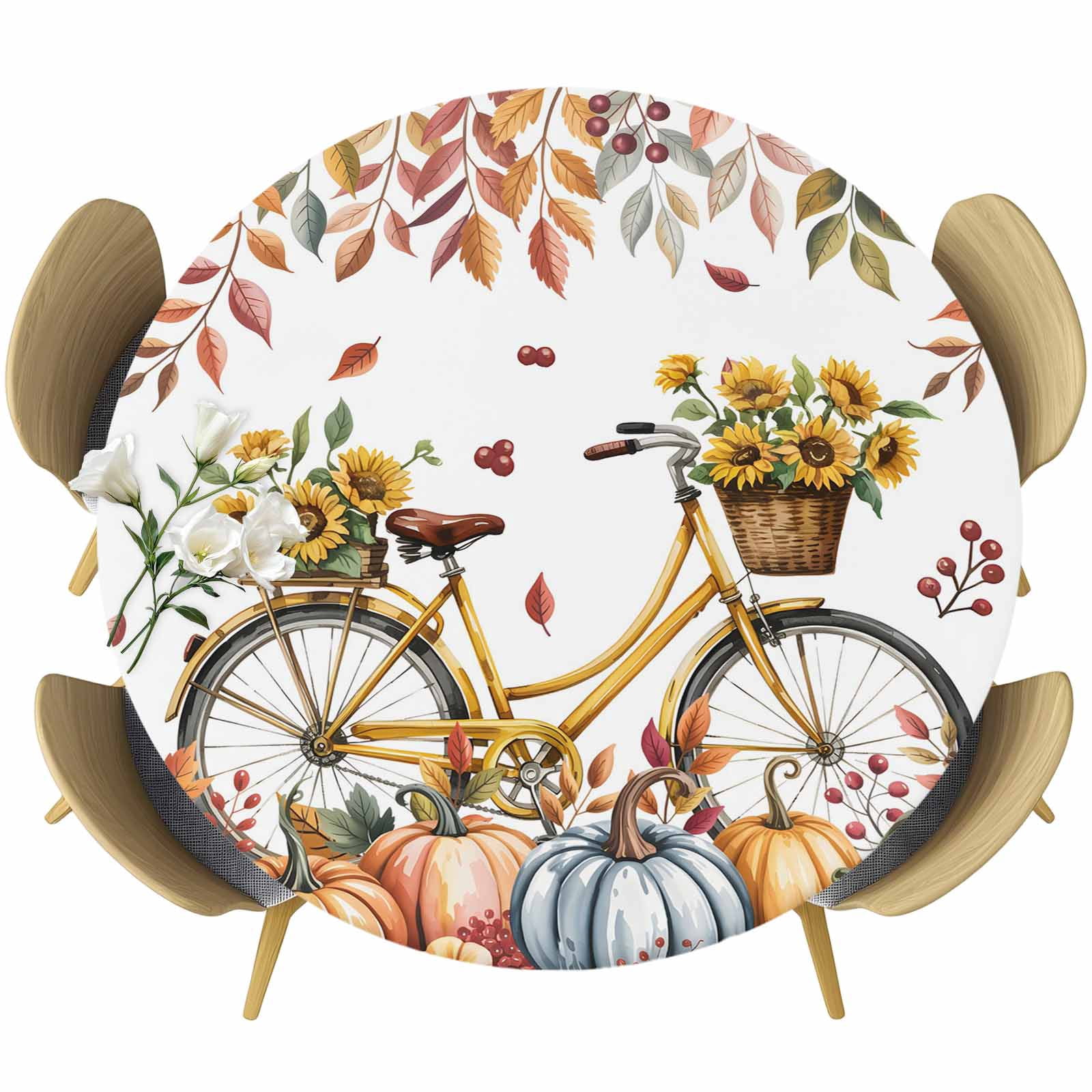 Bicycle Floral Fall Round Tablecloth, Fitted Table Cover with Elastic ...