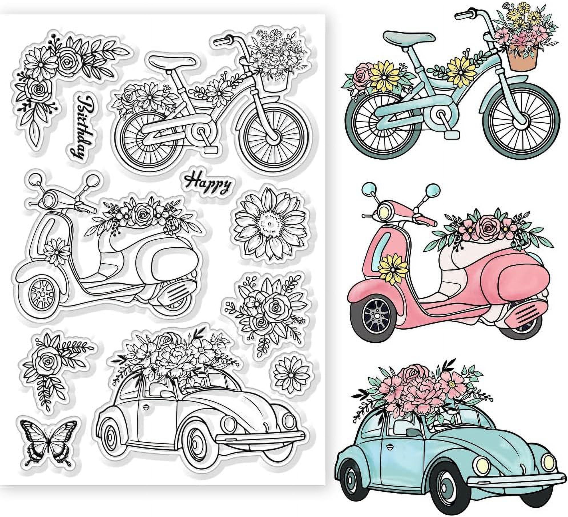 Bicycle and Flower Clear Stamps for DIY Scrapbooking Motorcycle Bike ...