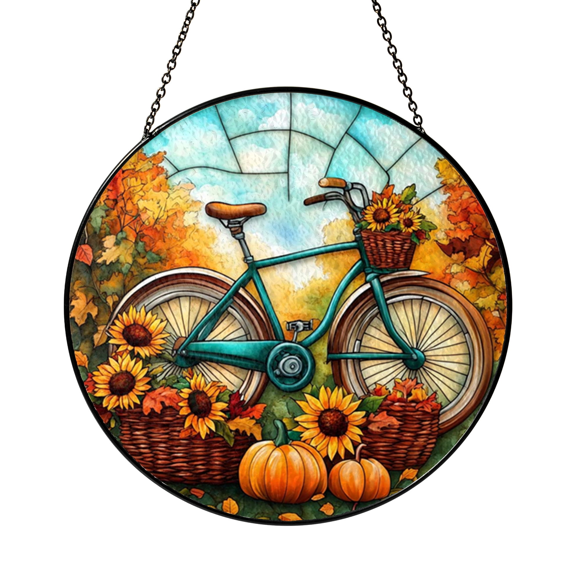 Bicycle Garden Scene Stained Glass Suncatcher – Decorative Round Window ...