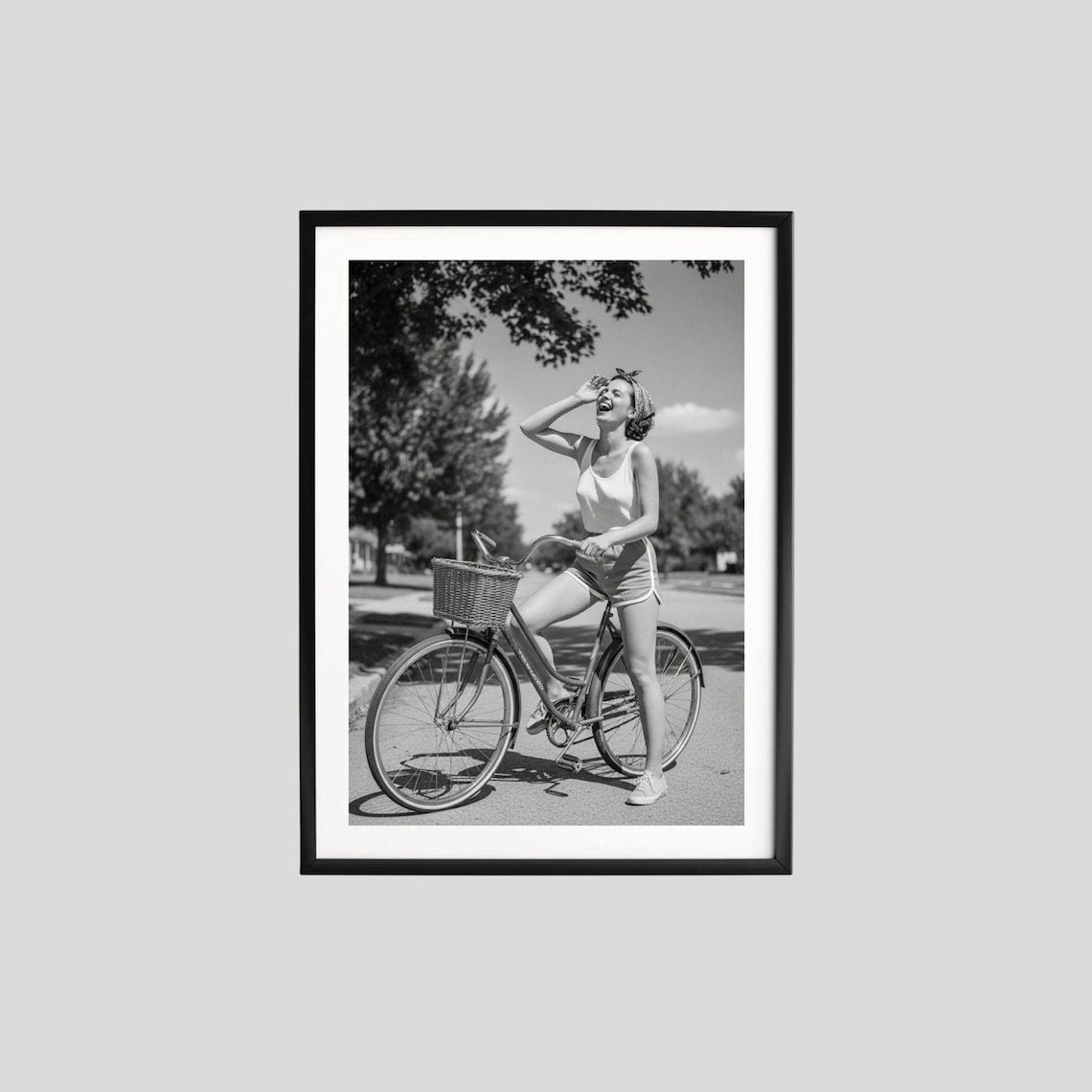 Bicycle Girl Photography Black and White Retro Summer Joyful Woman Art ...