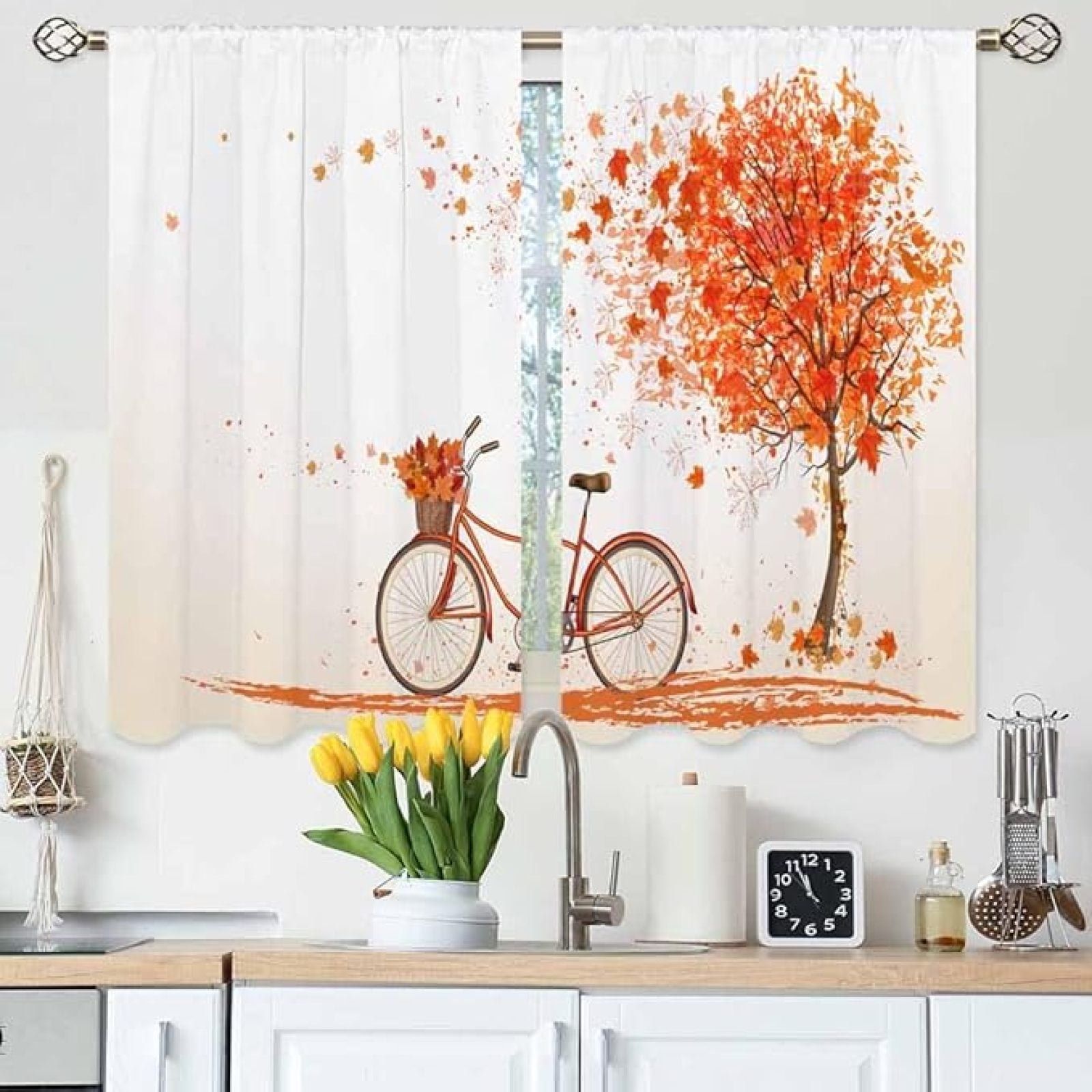 Bicycle Kitchen Curtains Autumn Tree Old Bicycle Orange Maple Short ...
