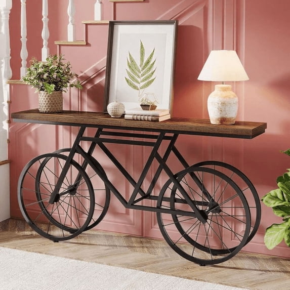 Bicycle Metal Base Console Table - 70.87" L Warm Wood & Black Metal, 1. ...