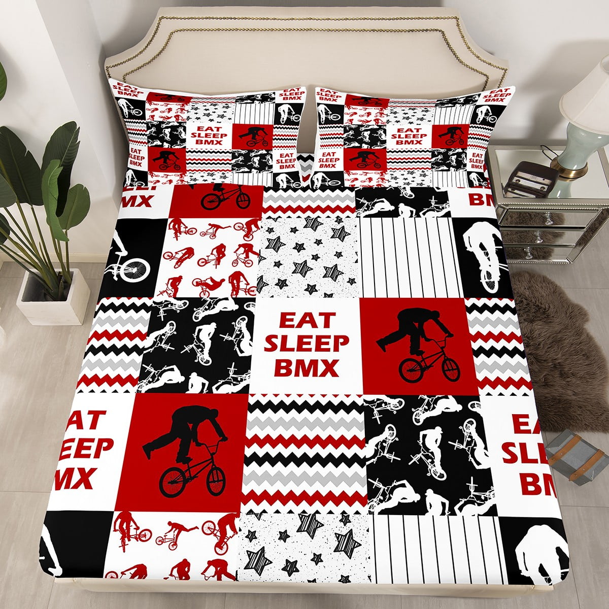 Bicycle Motocross Theme Bed Set, Dirt Bike Motorcycle Bed Sheets Eat Sleep Bmx Fitted Sheet ...